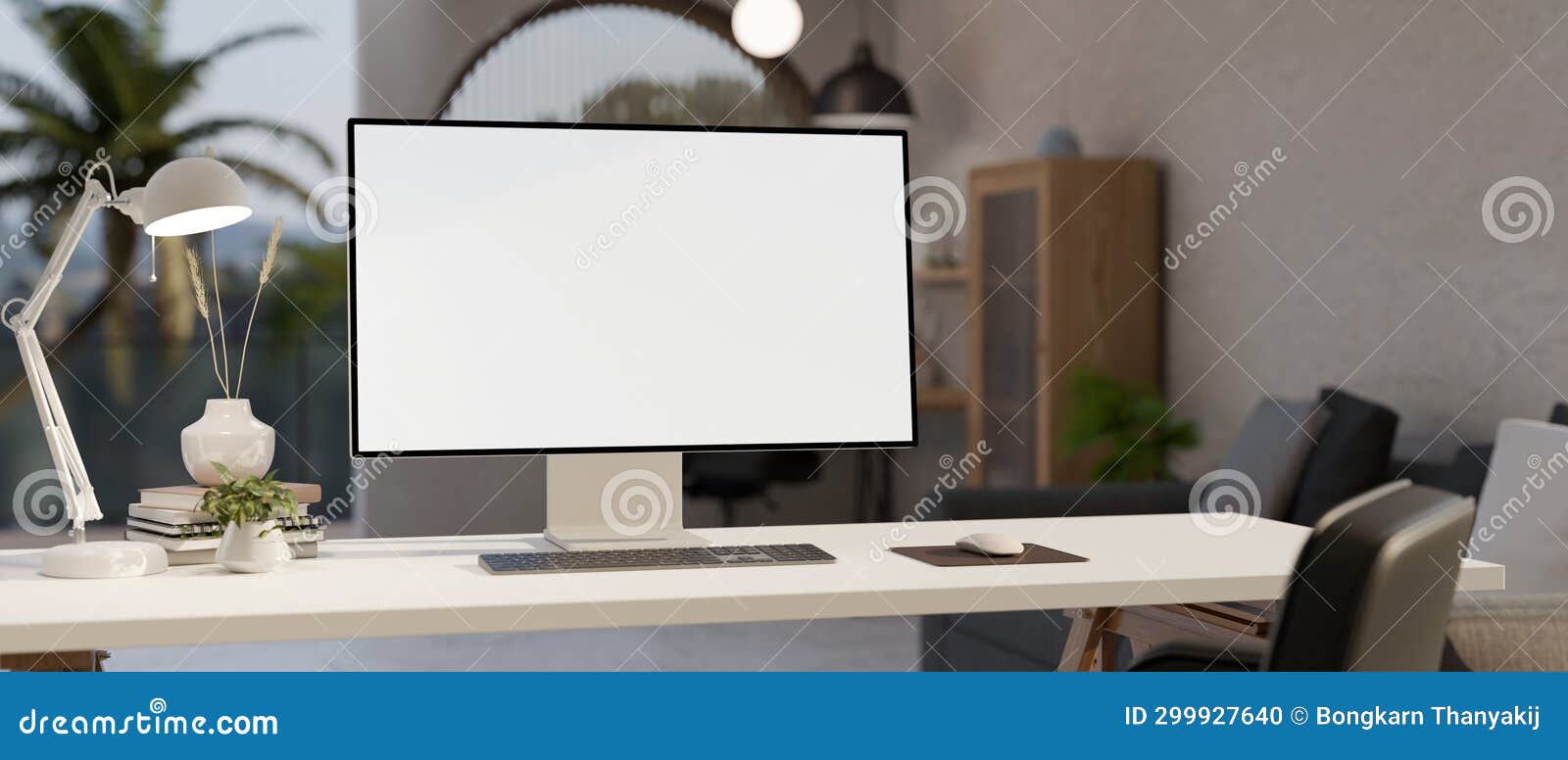 A White-screen PC Computer Mockup, a Table Lamp, and Accessories on a ...