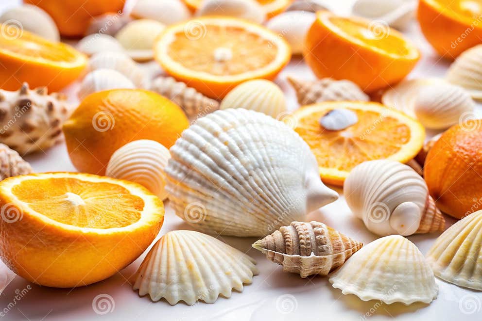 White Sea Shells with Oranges Isolated on Contrasting Background Stock ...