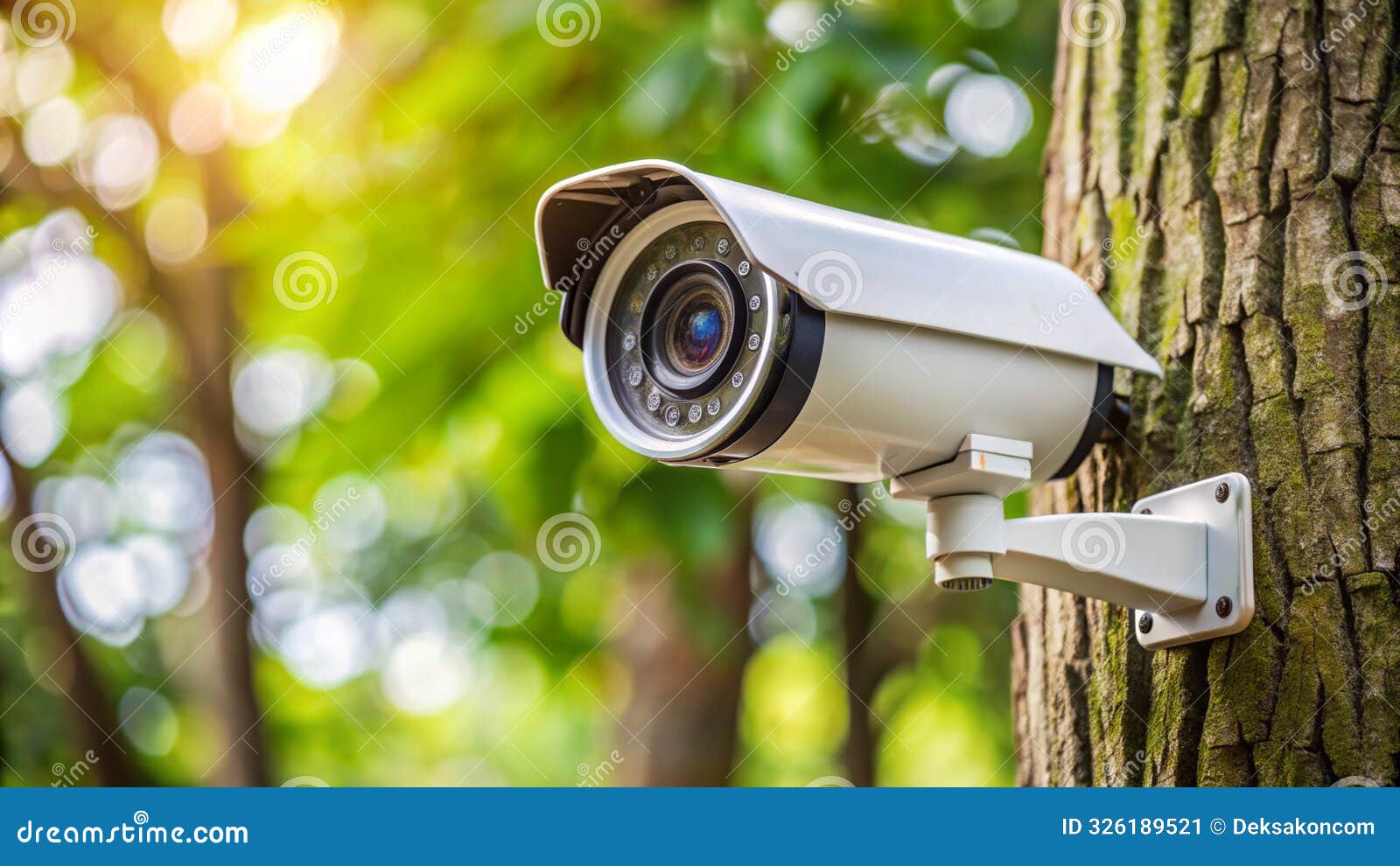 A White Security Camera is Mounted on a Tree Branch with the Camera ...