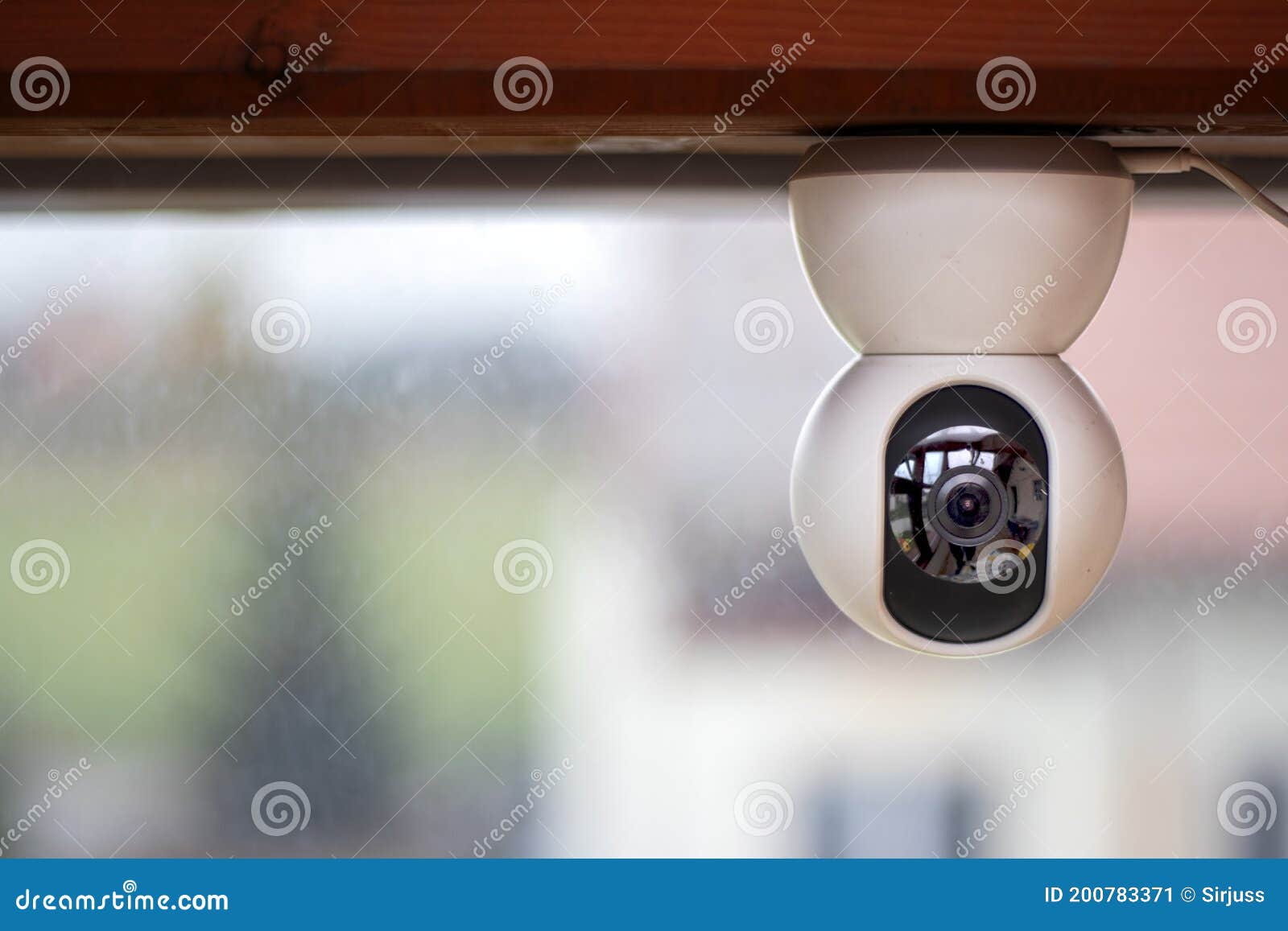 White Security Camera Mounted on a Wooden Beam Stock Image - Image of ...