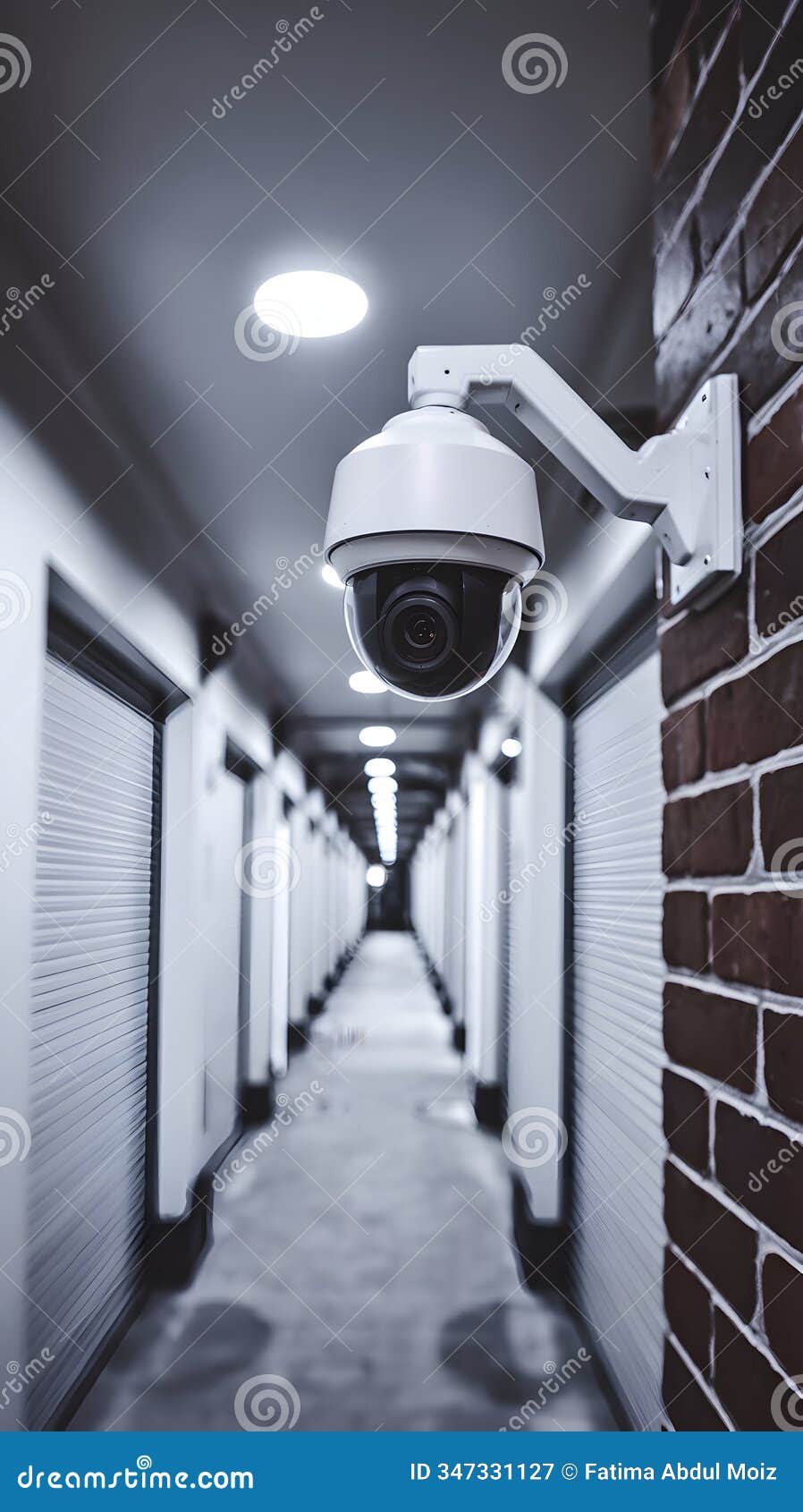 White Security Camera Overlooks Corridor, Multiple Closed Doors Lit by ...