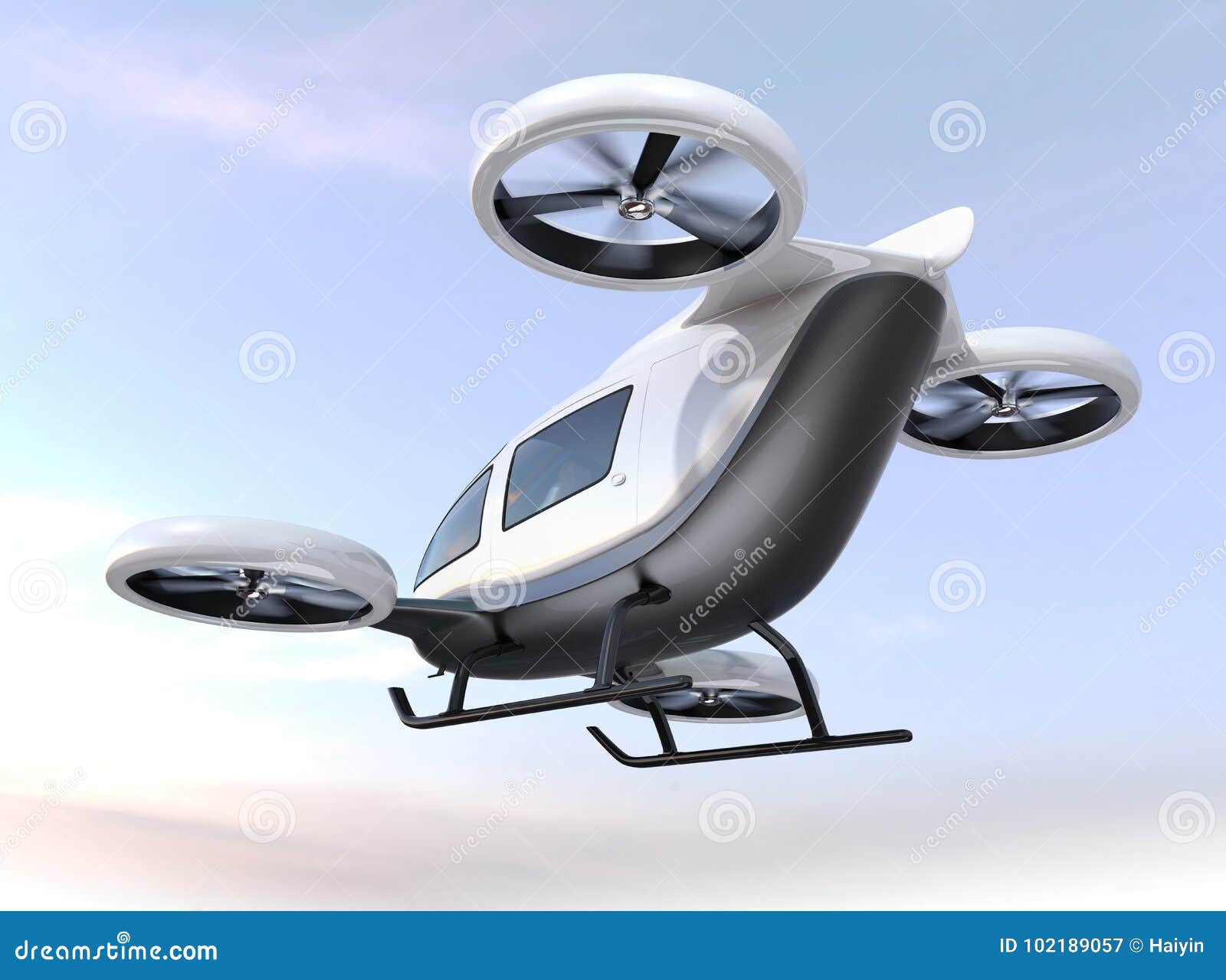White Self-driving Passenger Drone Flying in the Sky Stock Illustration ...
