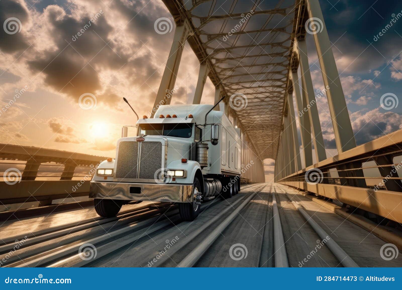 White Semi Truck Crossing a Large Bridge Stock Image - Image of highway ...