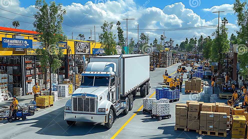 A White Semi-truck Drives through a Busy Warehouse Loading Dock with ...