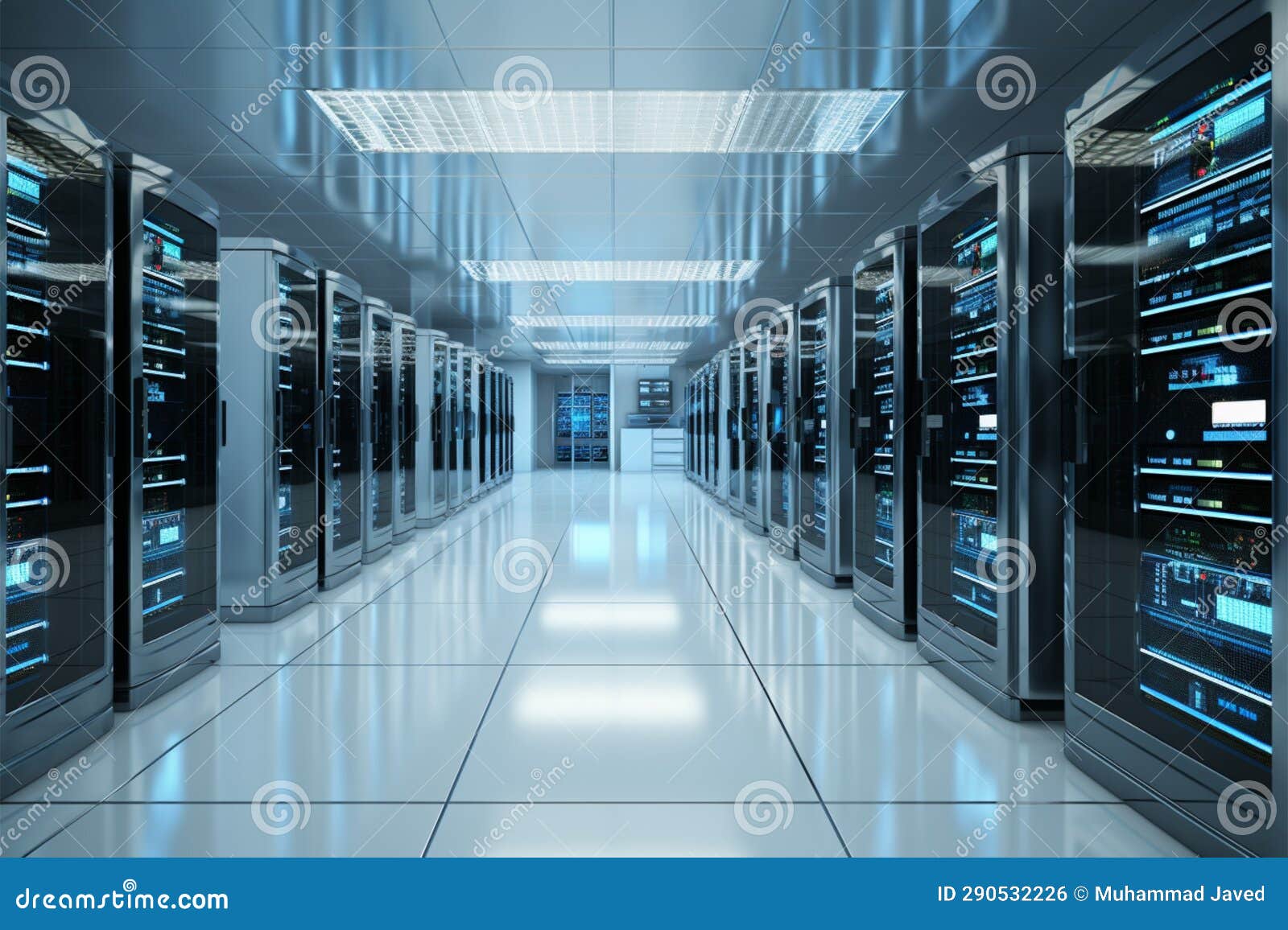 White Server Center Room 3D Rendering with Advanced Computer Systems ...