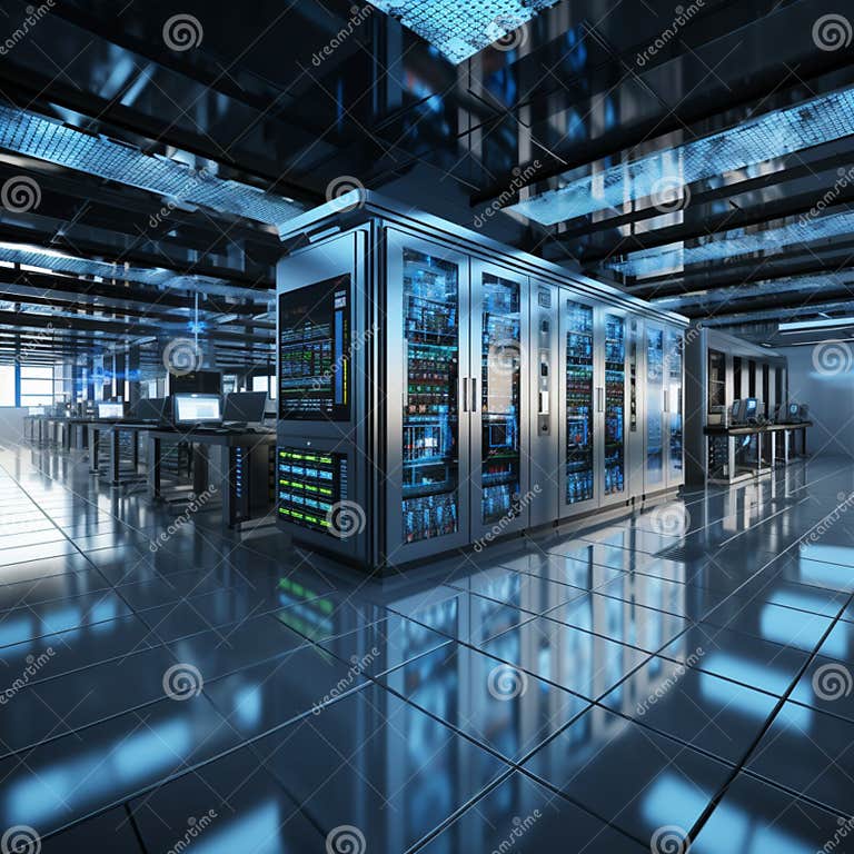 White Server Center Room 3D Rendering with Advanced Computer Systems Stock Illustration ...