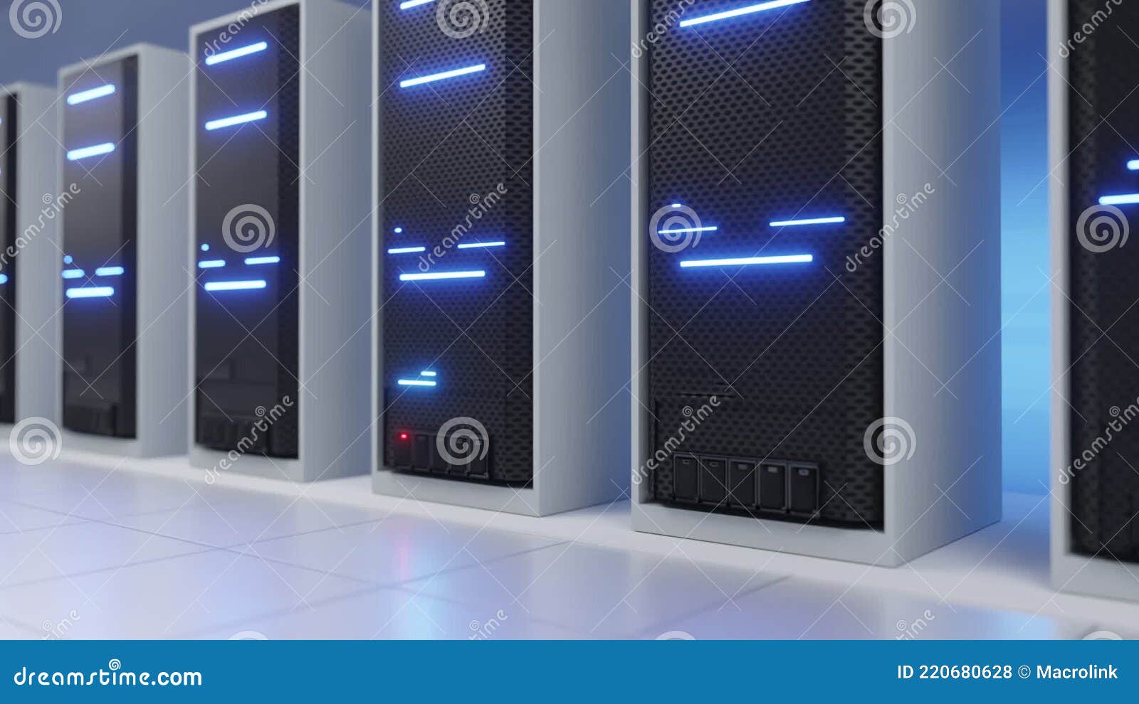 White Server Room of a Data Center or ISP with Blue Twinkling Lights ...