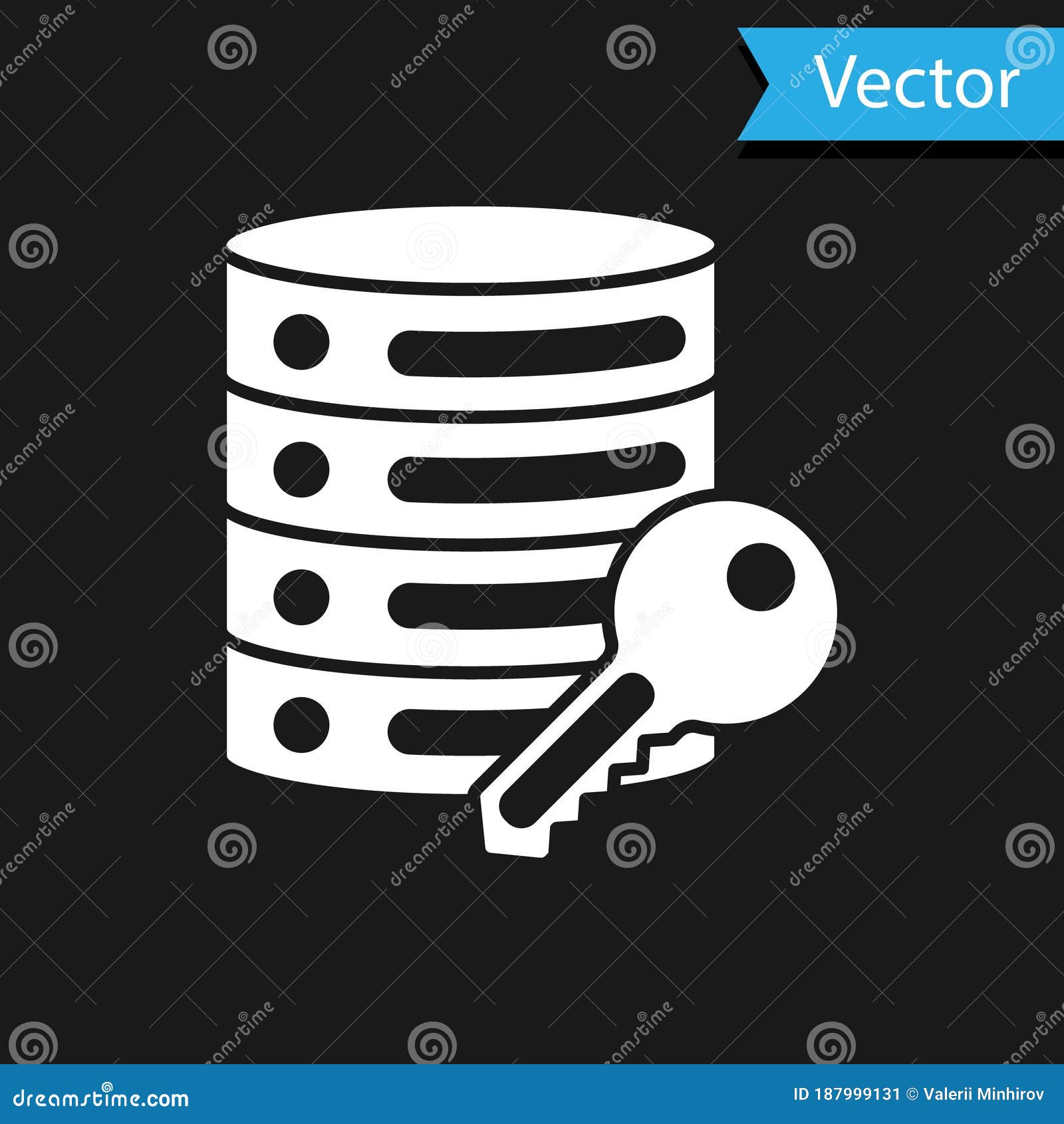 White Server Security with Key Icon Isolated on Black Background ...