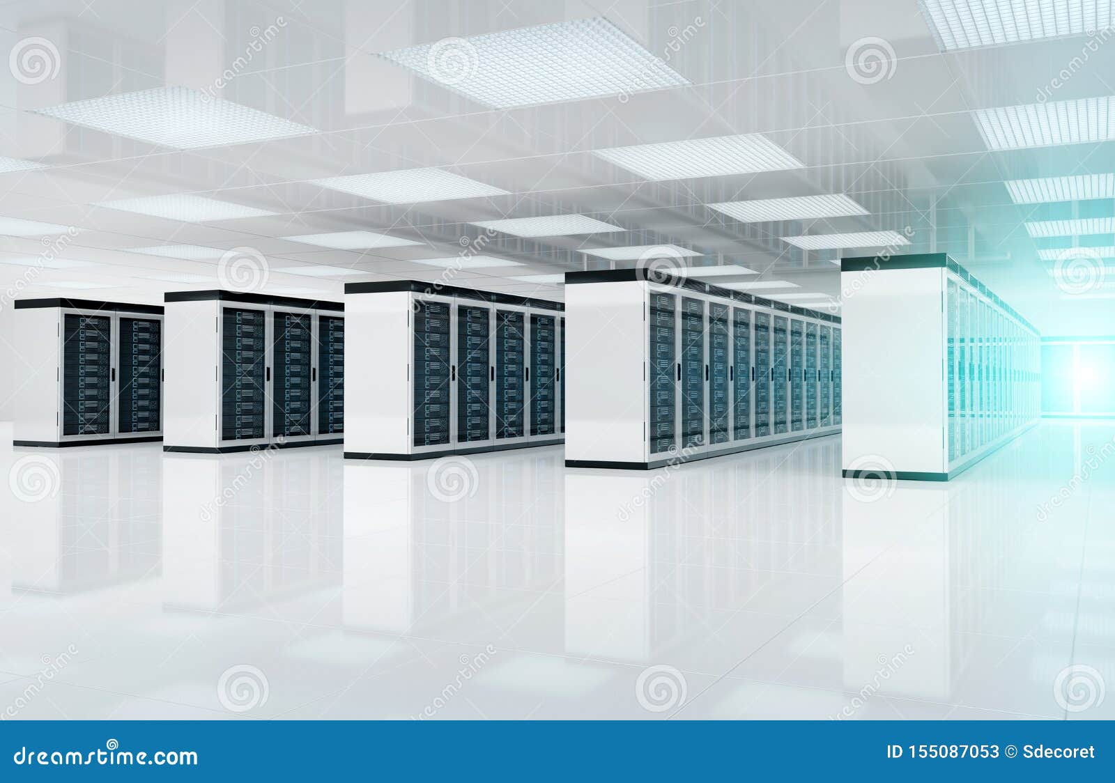 White Servers Data Center Room with Bright Halo Light through the ...