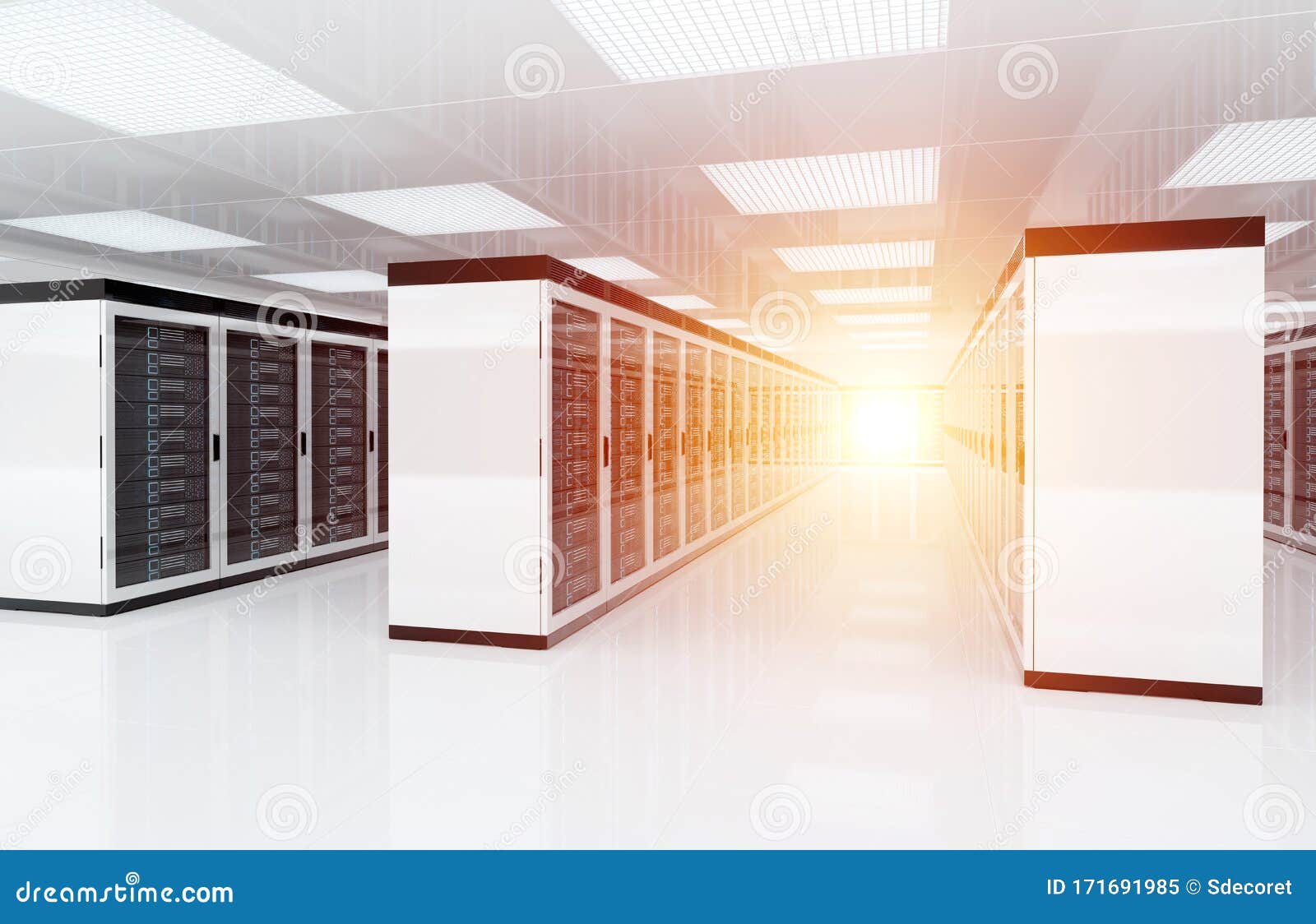 White Servers Data Center Room with Bright Halo Light through the ...