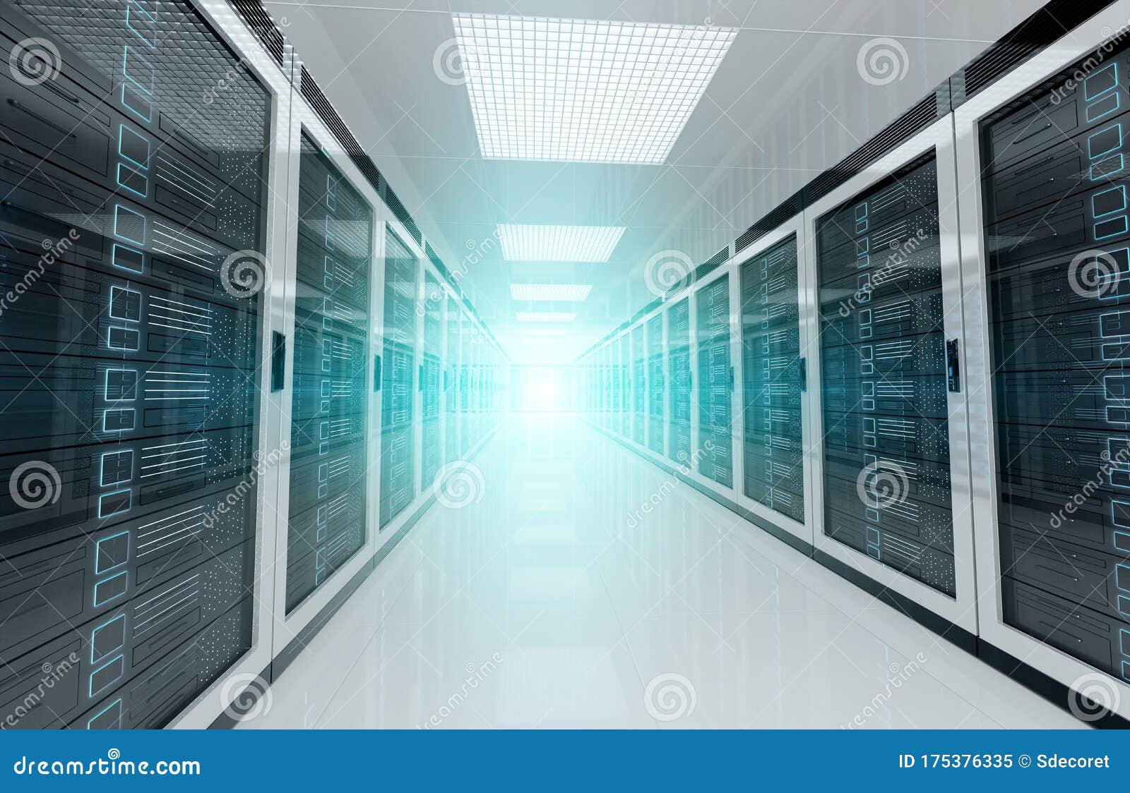 White Servers Data Center Room with Bright Halo Light through the ...