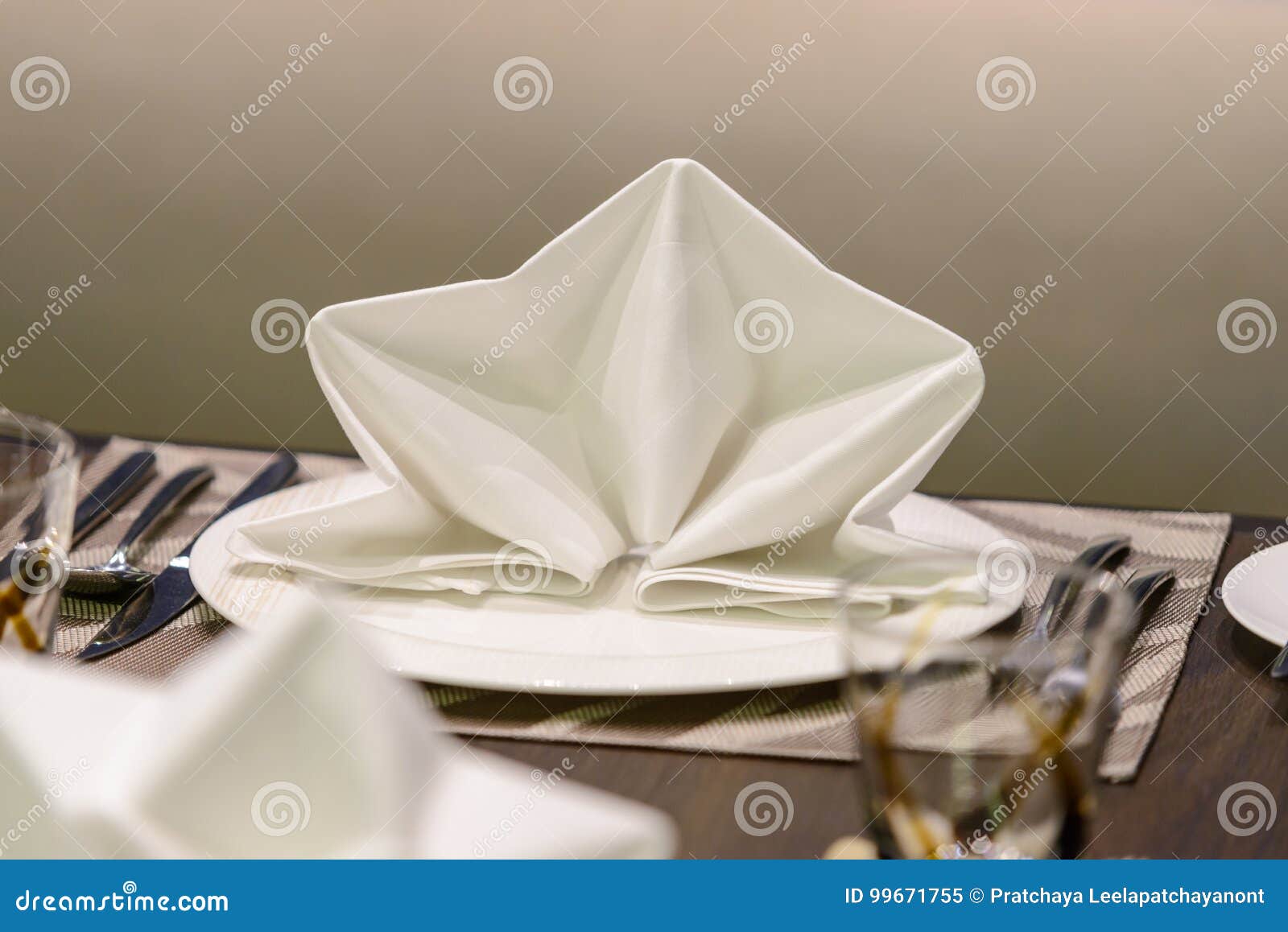 White Serviette Decorated on Dinner Set Table Stock Image - Image of ...