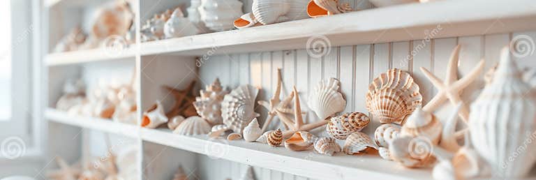 White Shelf Filled with Various Seashell in Soft Light Banner ...