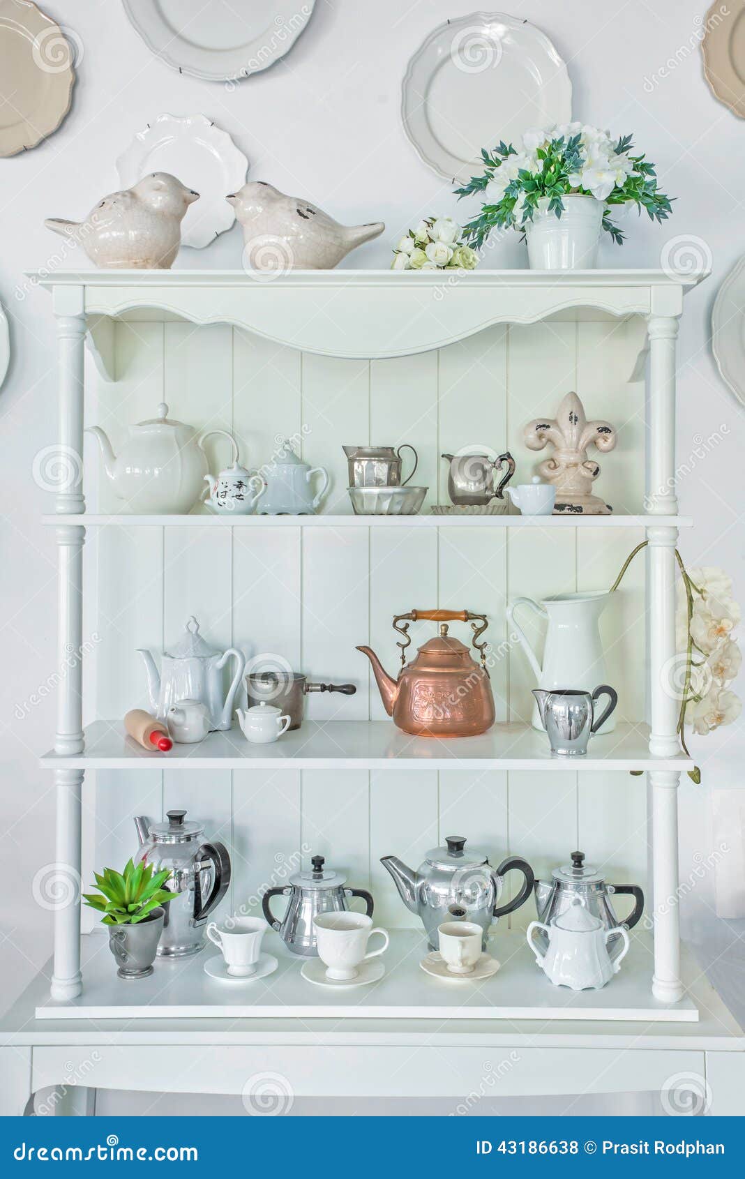 White Shelf with Vintage Porcelain Tableware Stock Photo - Image of ...