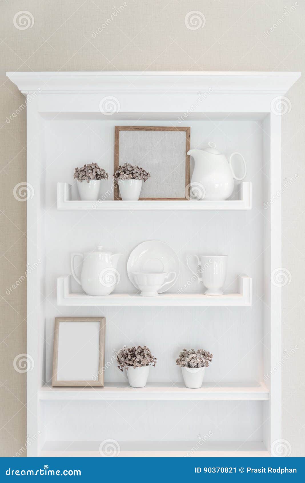 White Shelf with Vintage Porcelain Tableware in House. Stock Image ...