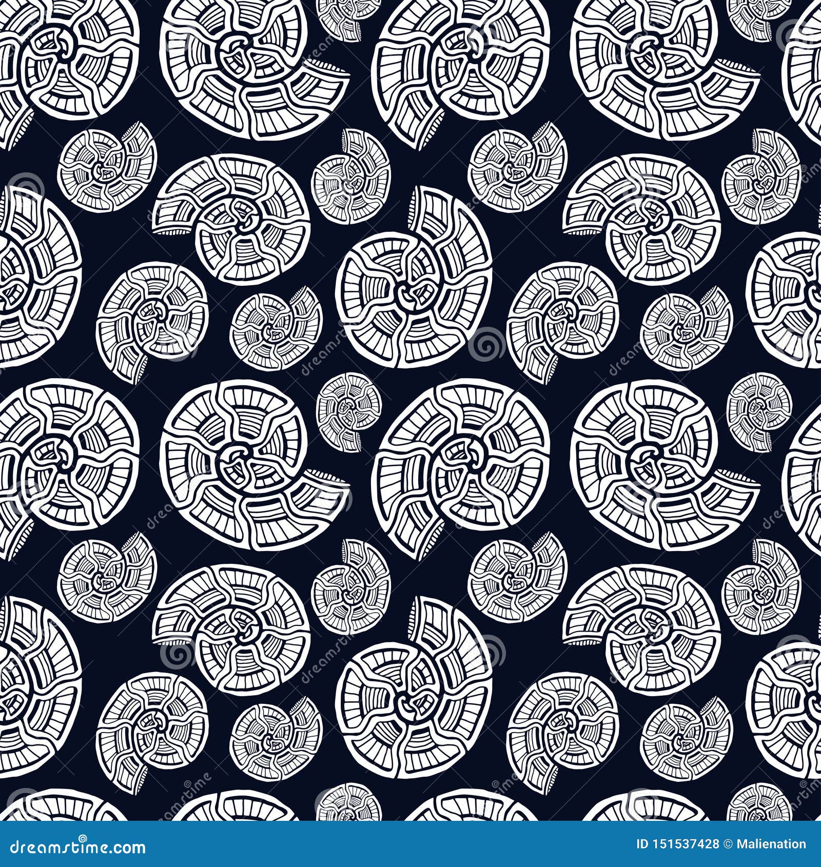 White Shells Seamless Pattern on Dark Background. Spiral Seashells ...