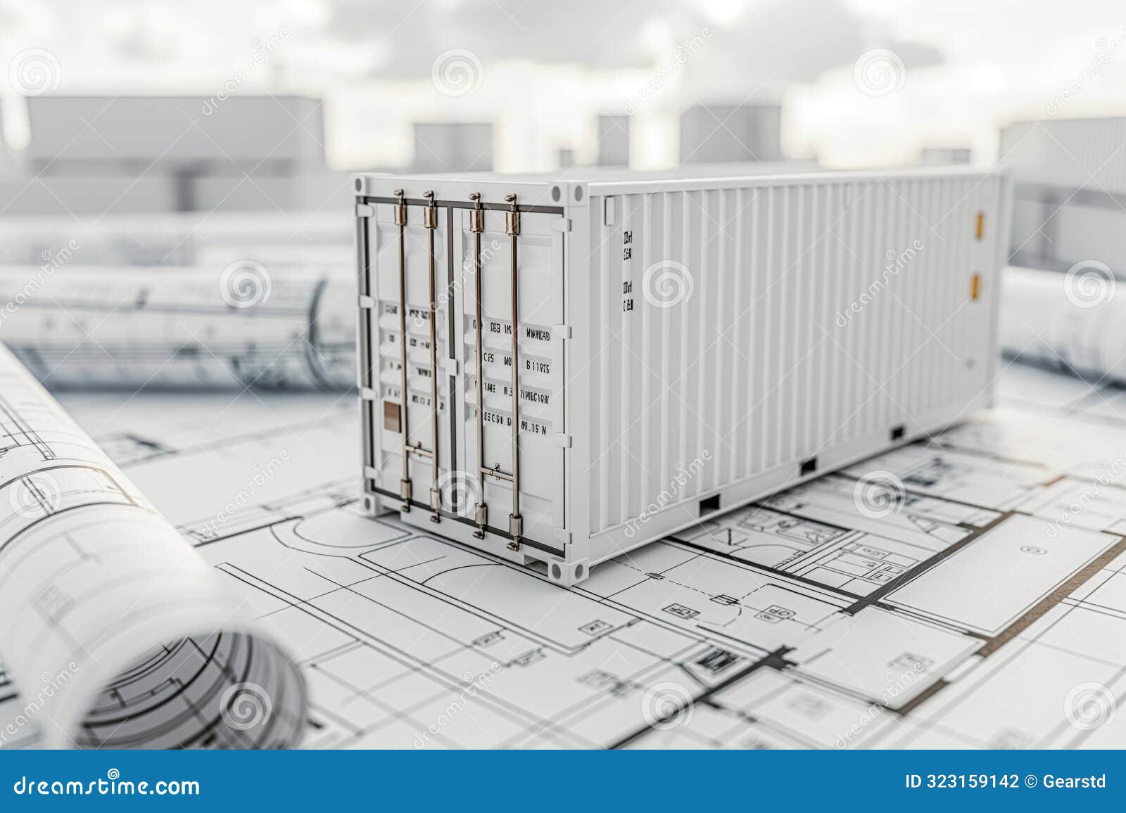 White Shipping Container on Blueprints Stock Photo - Image of ...