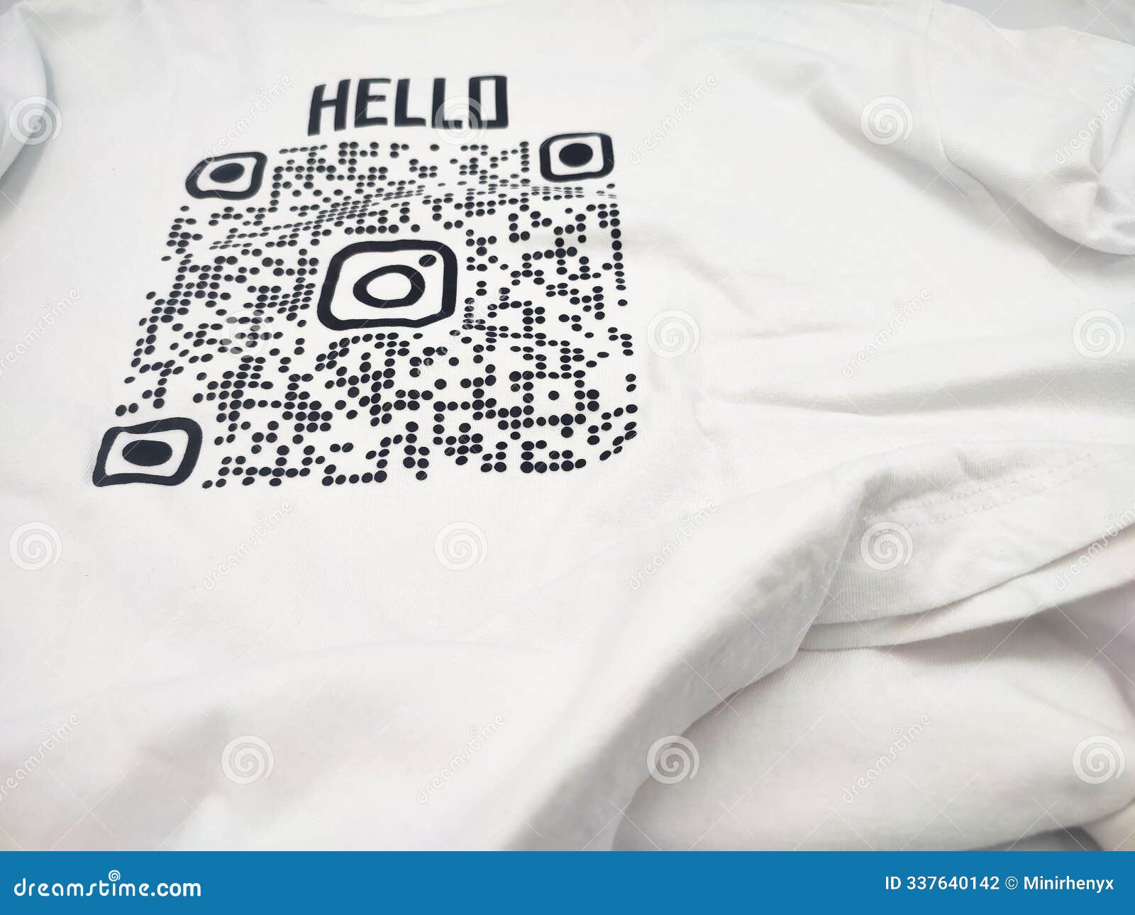 White Shirt with QR Code for Scan Printed on it and Text Hello Stock ...