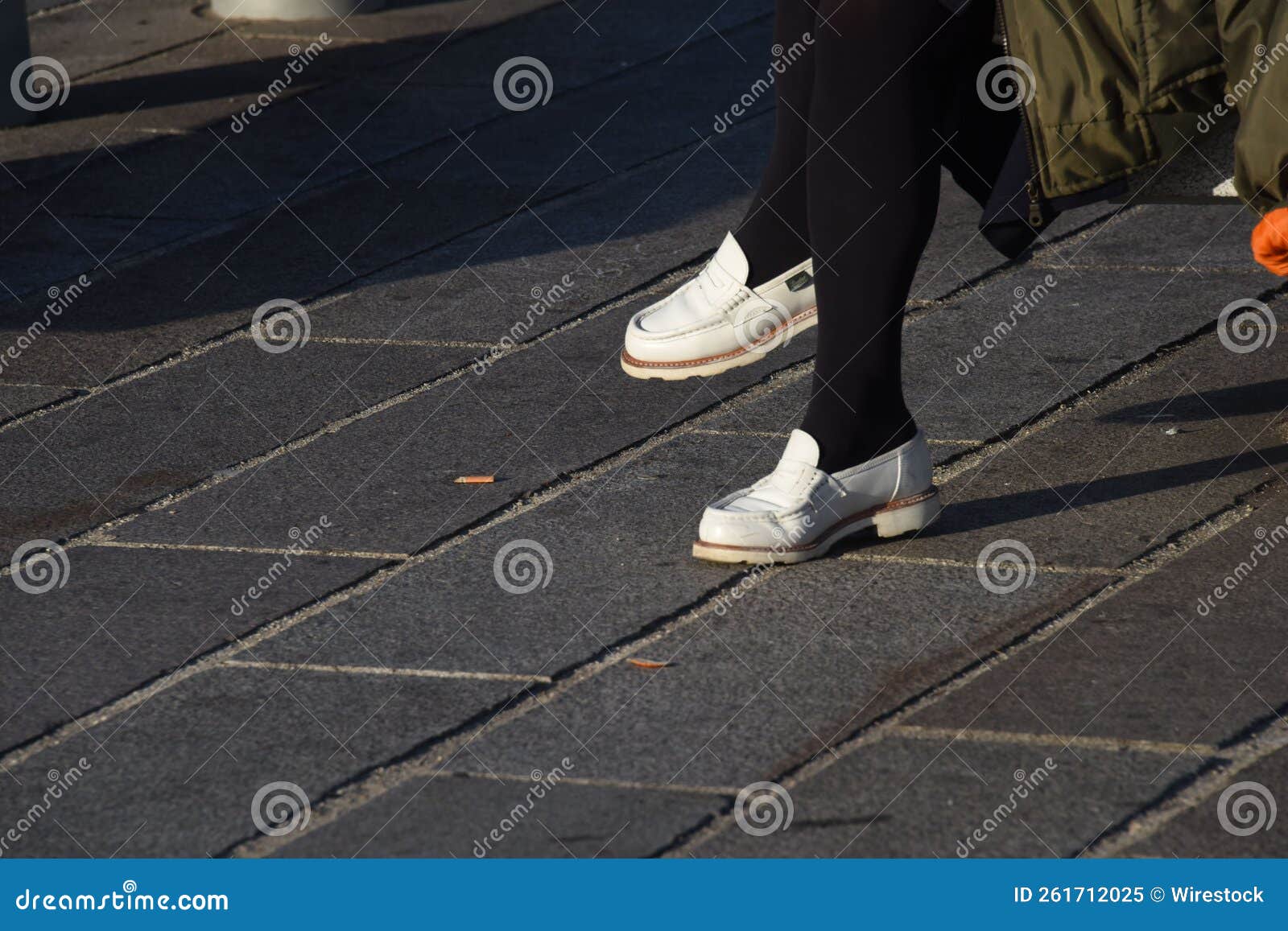 White Shoe Worn by a Woman on Black Hose. Stock Image - Image of shoe ...