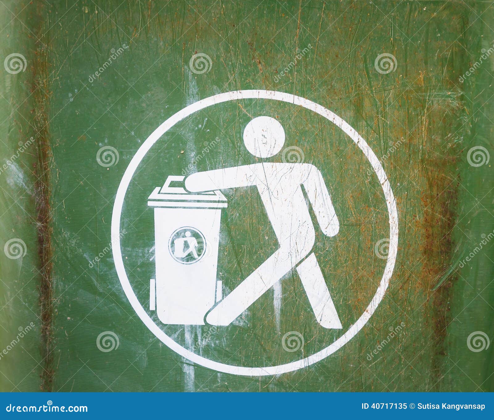 White Sign on Used Green Garbage Bin Stock Image - Image of sign ...