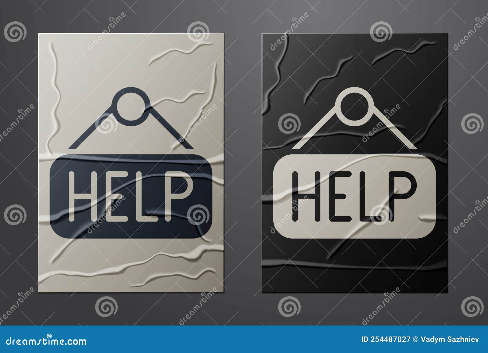 White Signboard with Text Help Icon Isolated on Crumpled Paper ...