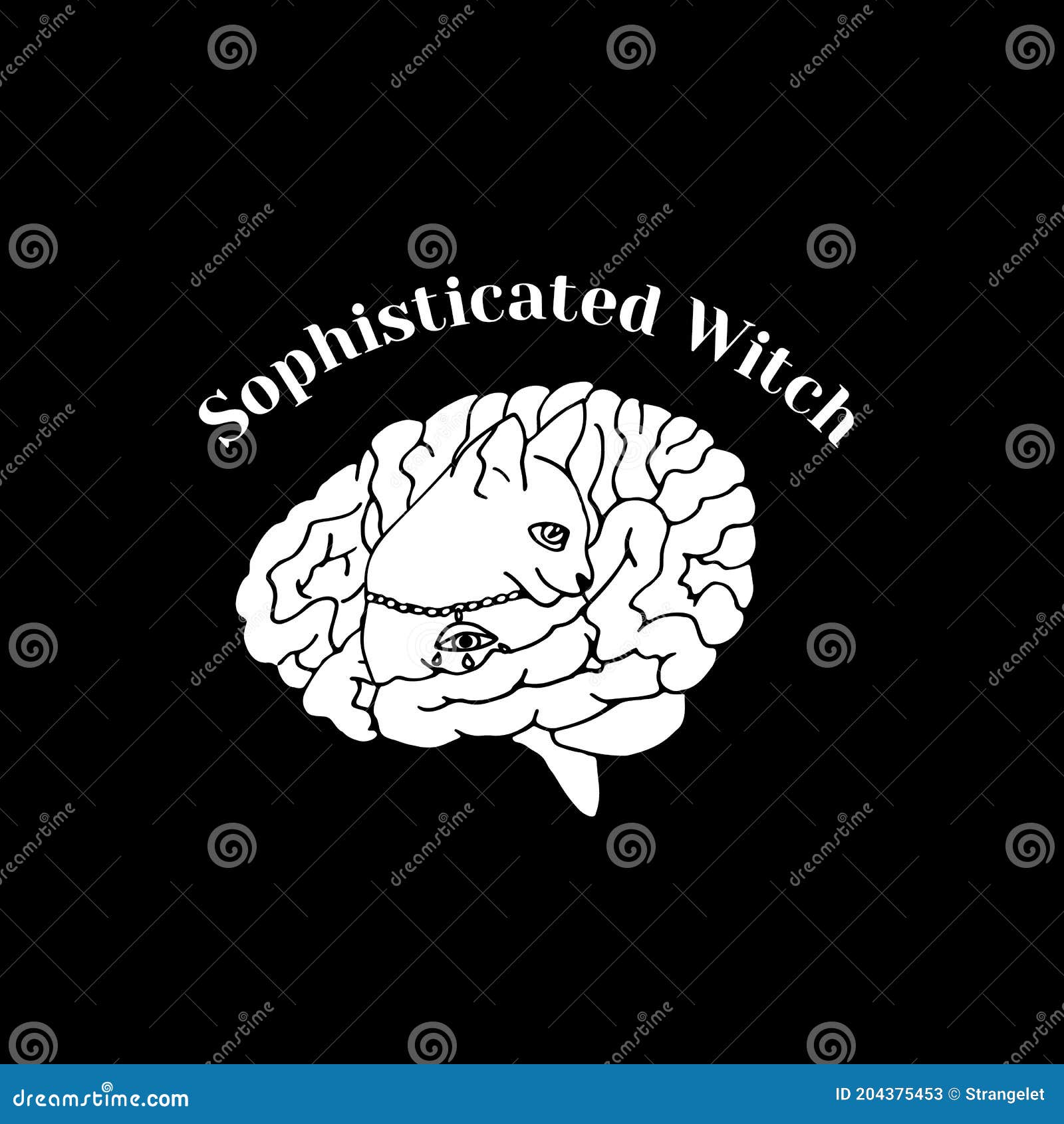 White Silhouette of Cat Inside a Brain and Text Sophisticated Witch ...