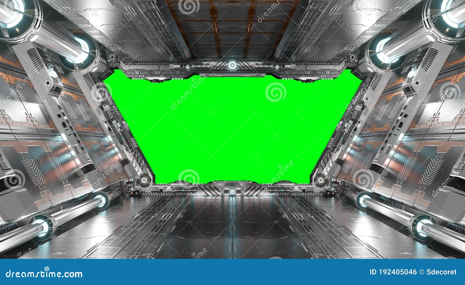 White and Silver Futuristic Spaceship Interior with Green Window 3d ...