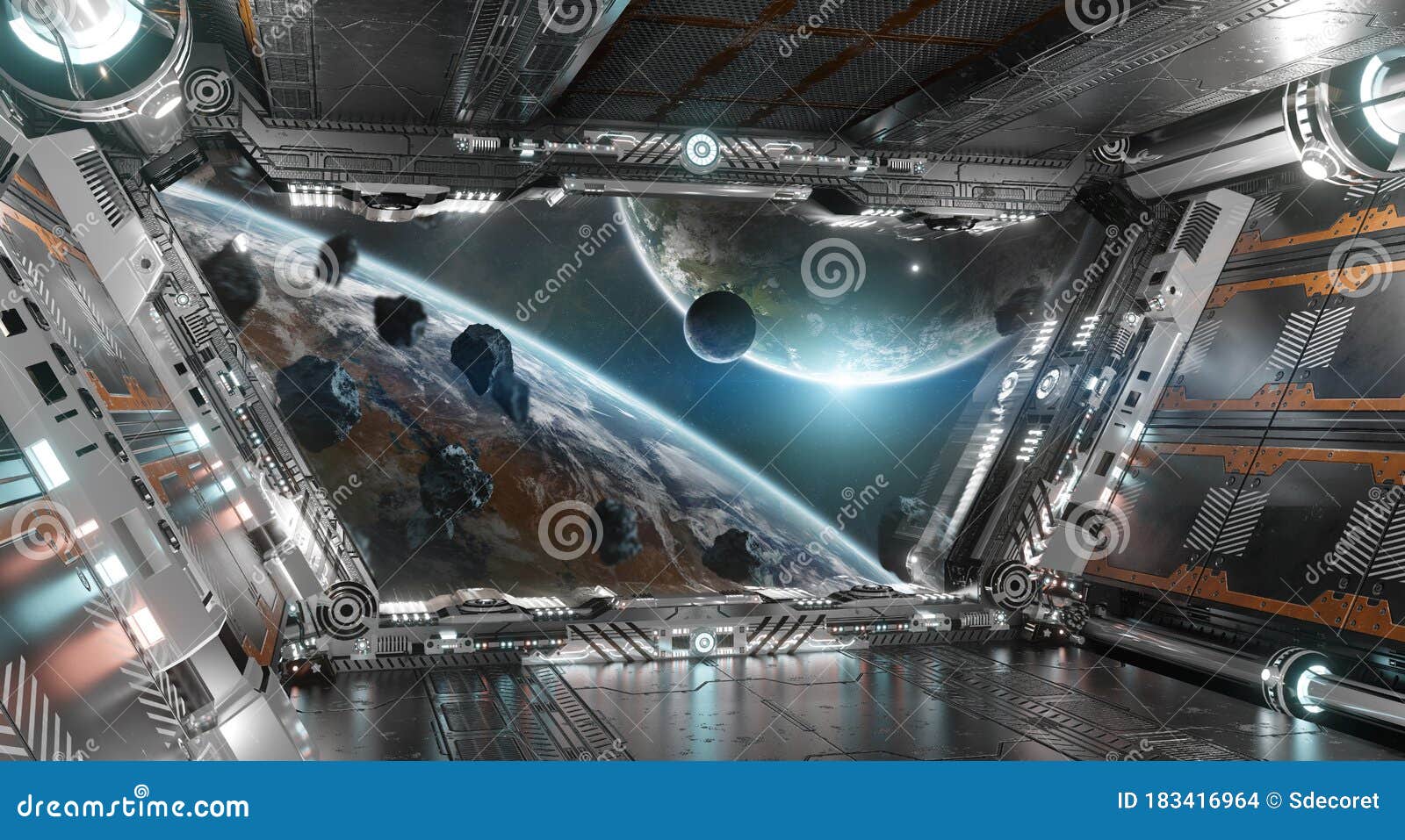 White and Silver Futuristic Spaceship Interior with Window View on ...