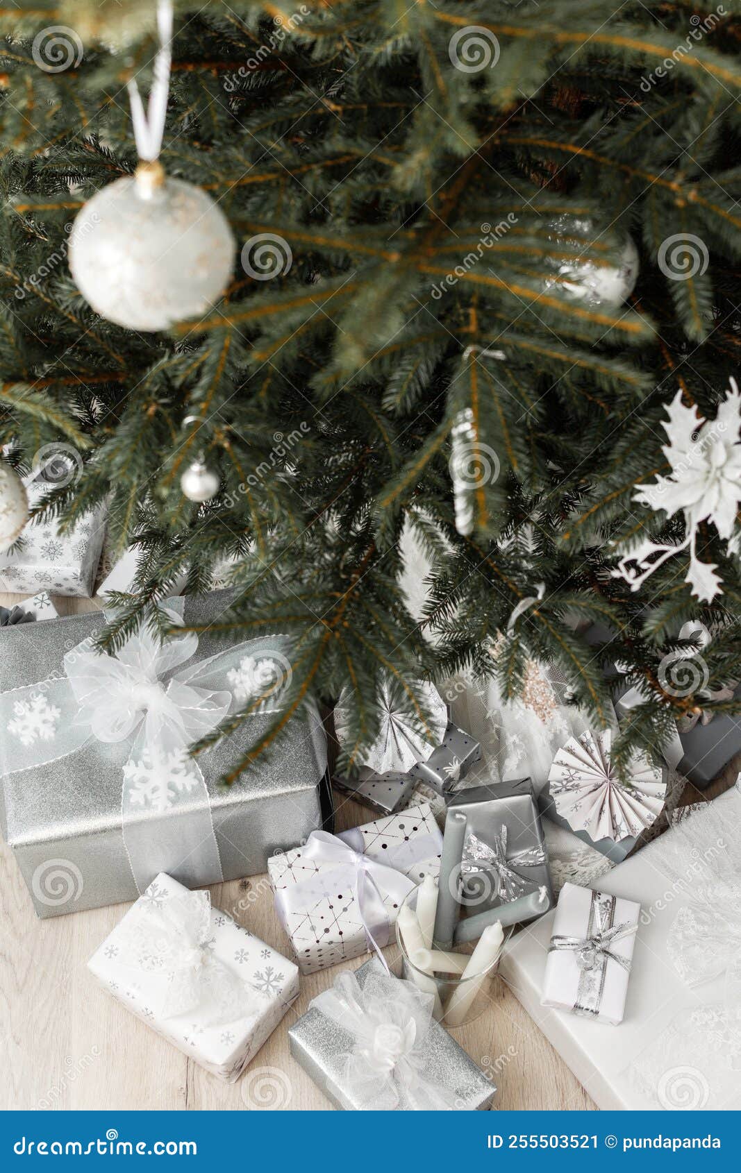 White and Silver Gift Boxes Under the Christmas Tree Stock Image ...