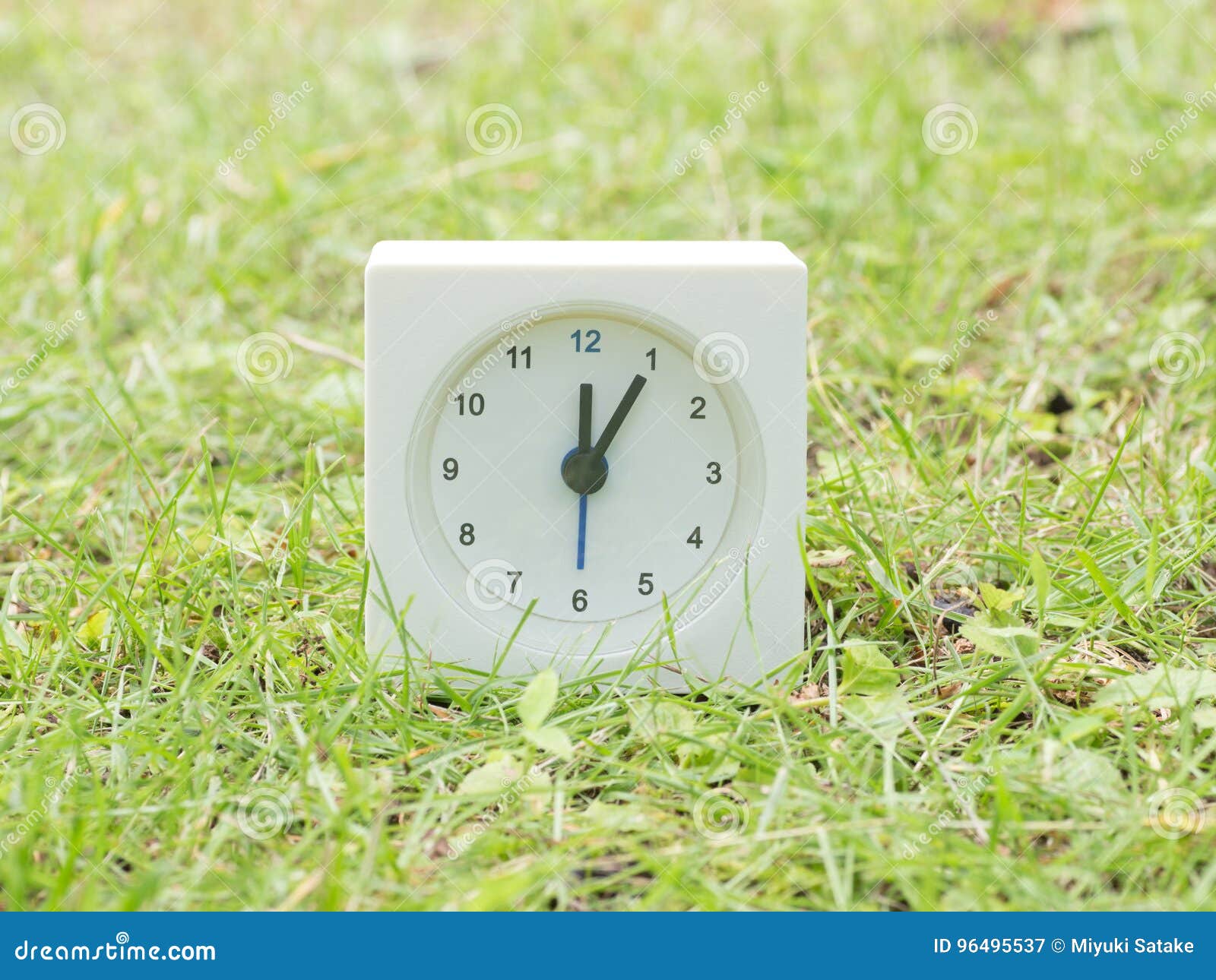 White Simple Clock on Lawn Yard, 12:05 Twelve Five Stock Image - Image ...
