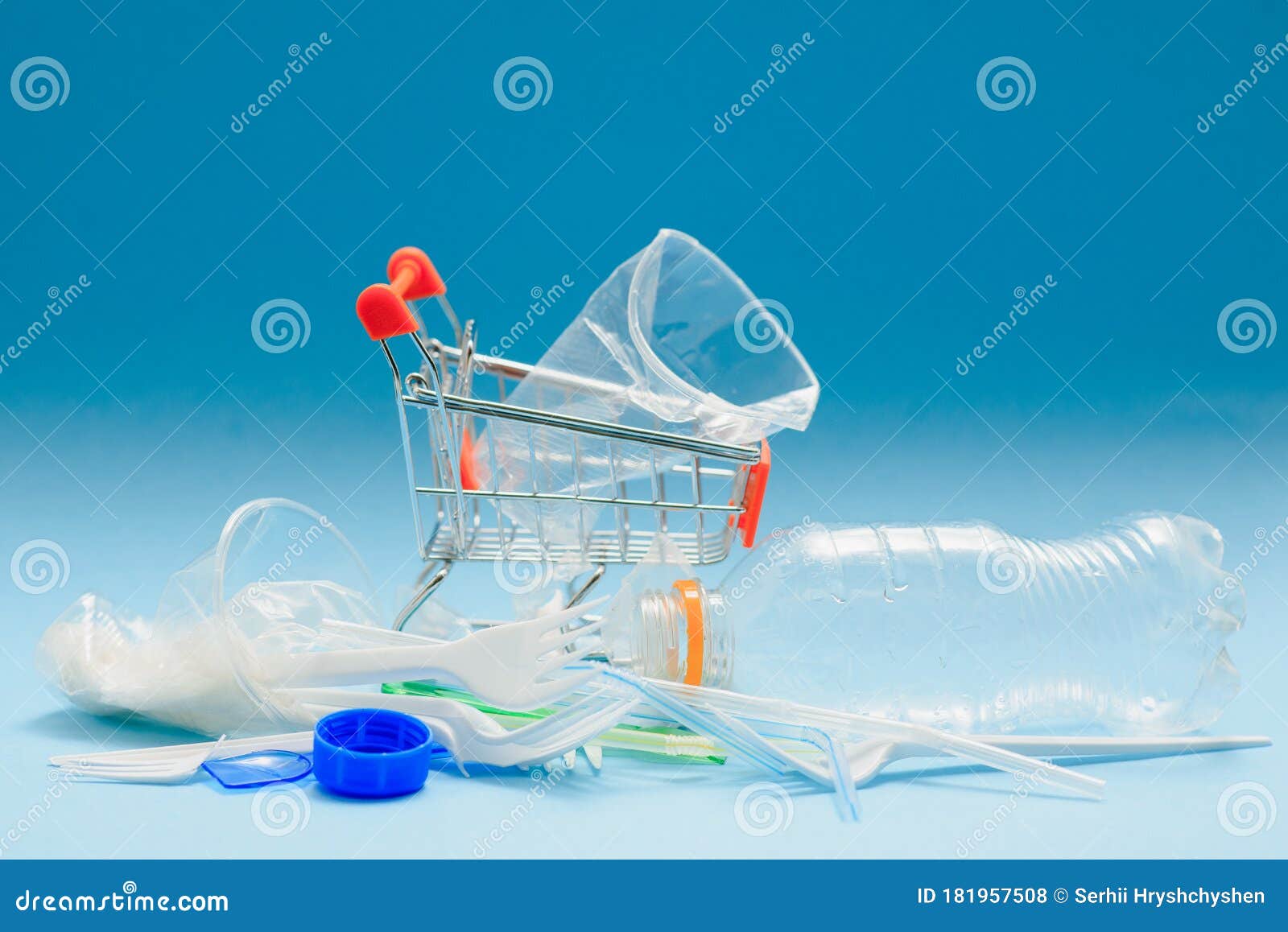 White Single Use Plastic on Blue Background Stock Photo - Image of ...