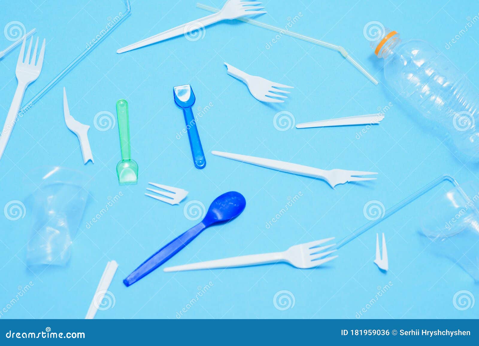 White Single Use Plastic in Garbage Bin on Blue Background. Concept of ...