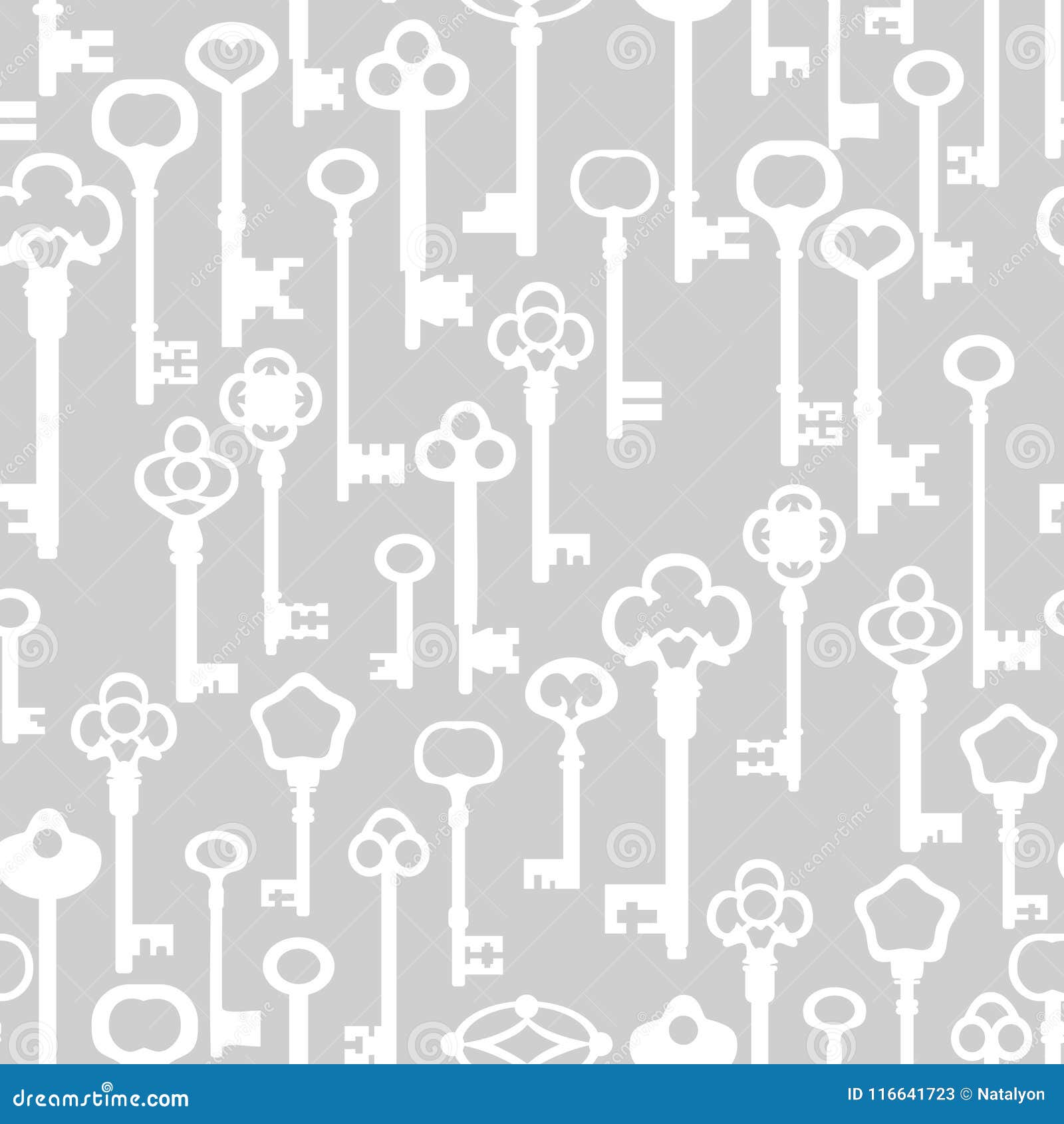 White Skeleton Keys Silhouettes on Gray Seamless Pattern, Vector Stock ...