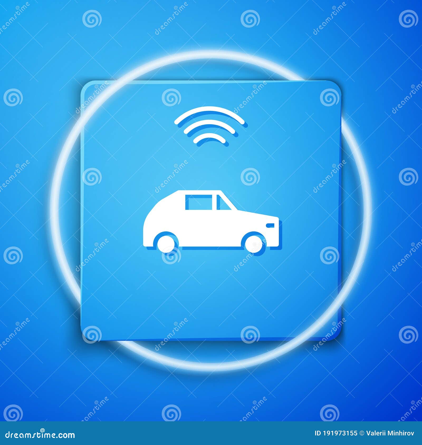 White Smart Car System with Wireless Connection Icon Isolated on Blue ...