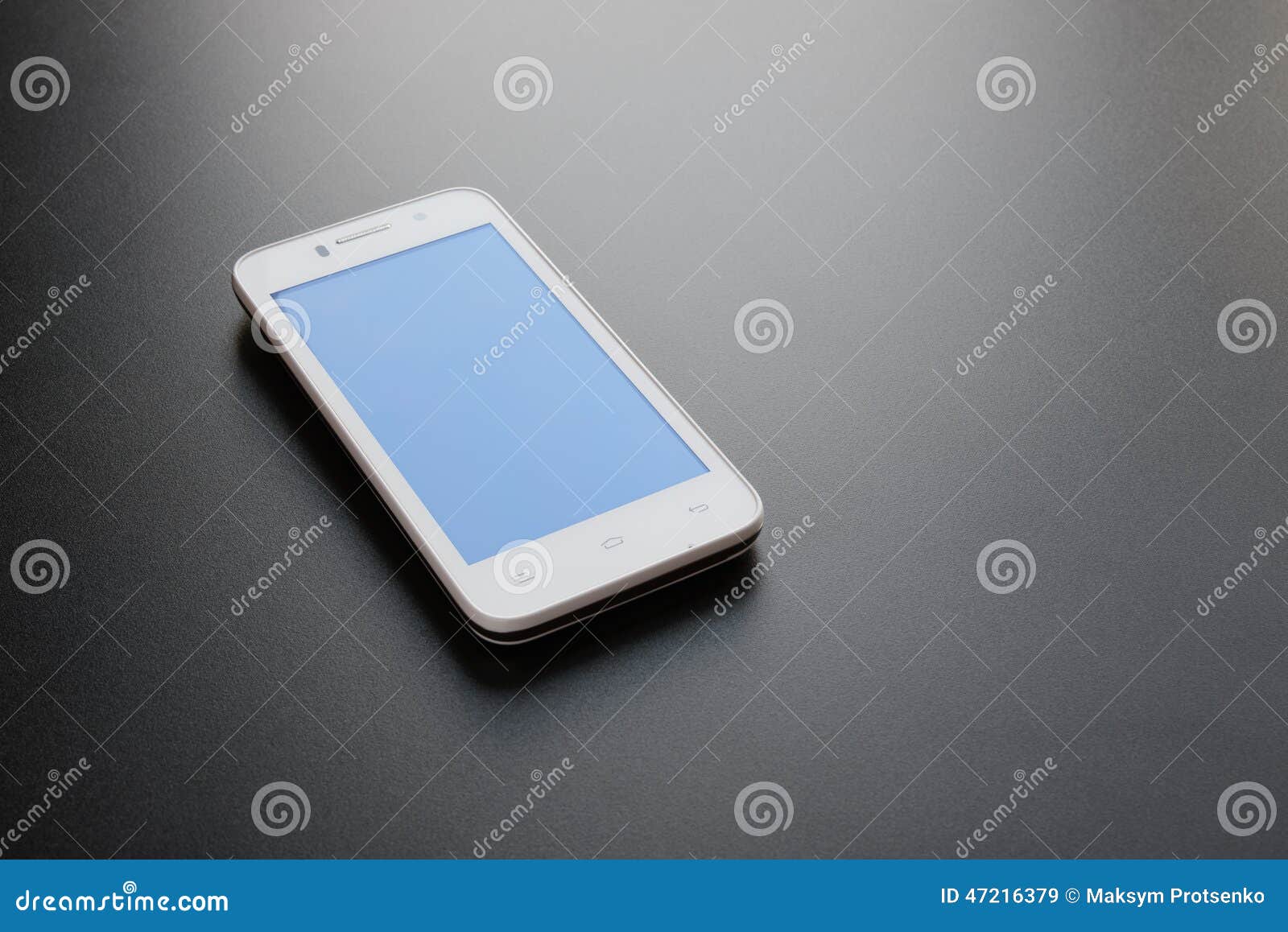 White Smart Phone with Blue Screen on the Black Table Stock Image ...