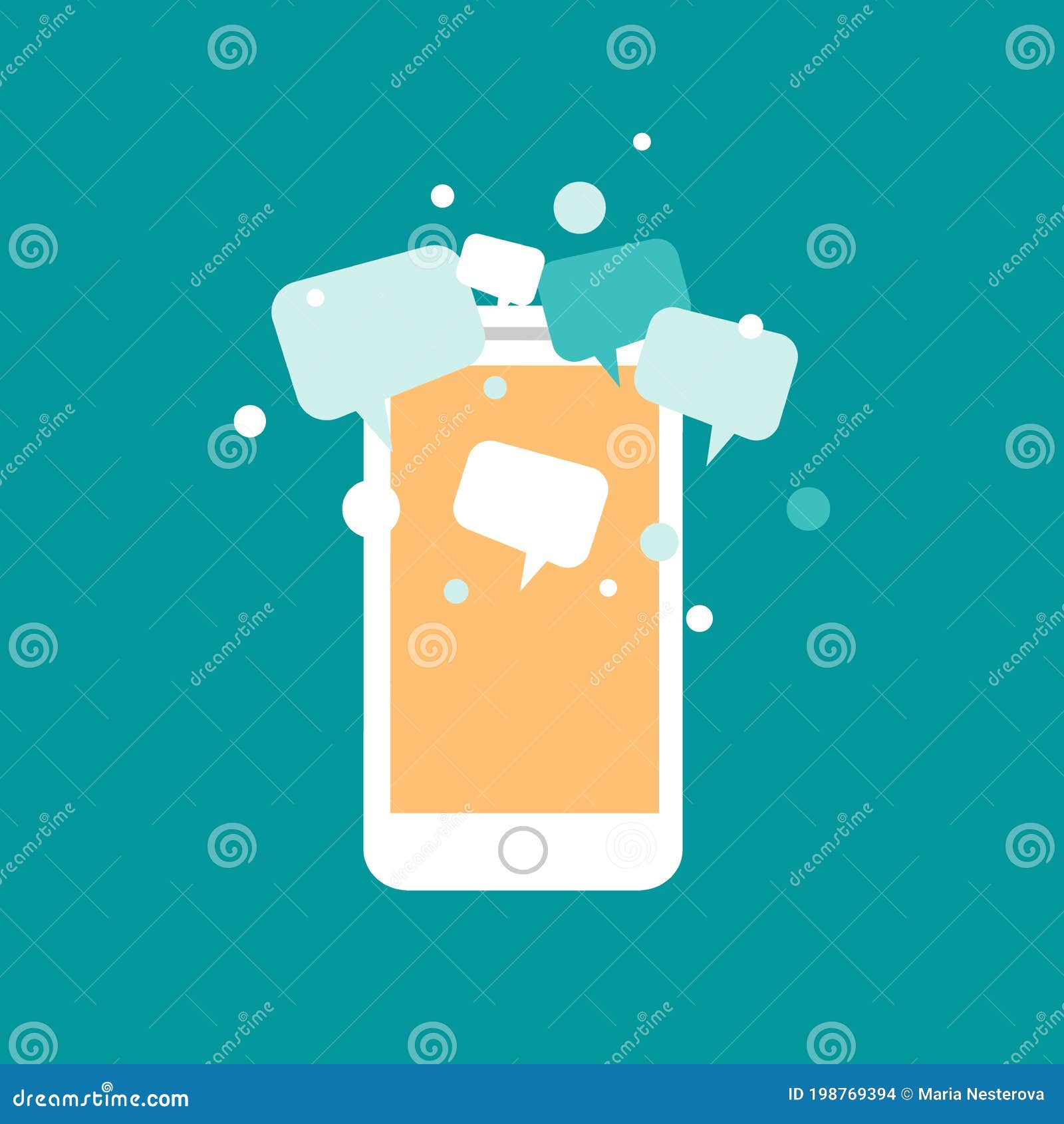 White Smart Phone with Speech Bubbles Isolated on Blue. Flat Vector ...