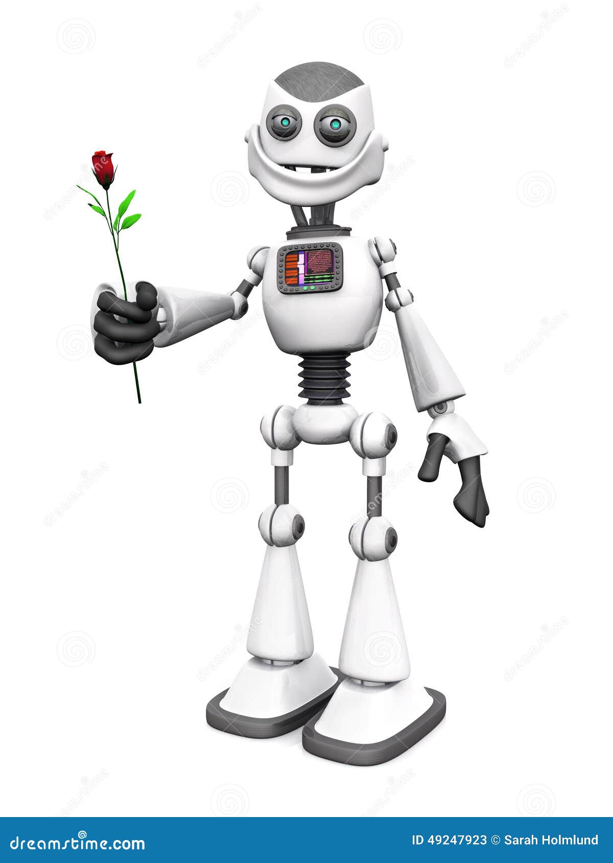 White Smiling Cartoon Robot Holding Rose. Stock Illustration ...