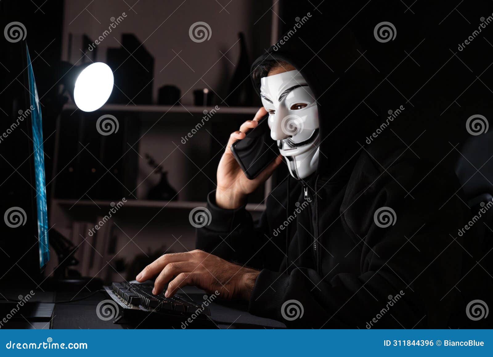 White Smiling Criminal Anonymous Mask Calling To Victim. Surmise ...