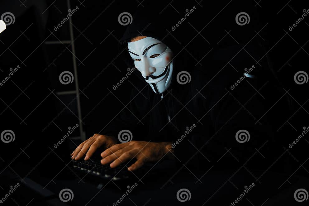 White Smiling Criminal Anonymous Mask Installing Virus Encryption ...