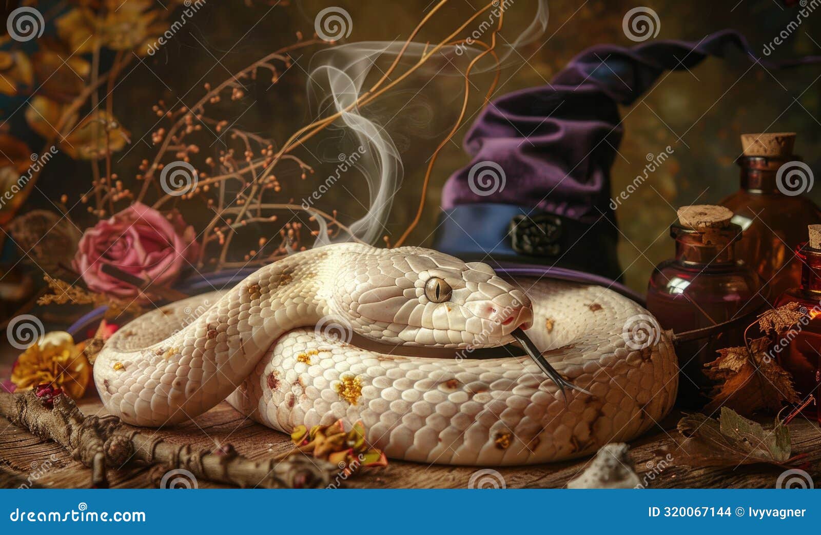 White Snake with a Wizards Hat and Potion Bottles Stock Photo - Image ...