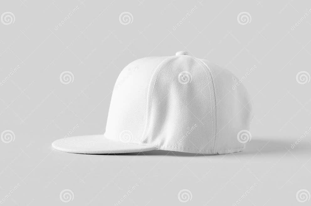 White Snapback Cap Mockup on a Grey Background, Side View Stock Image ...