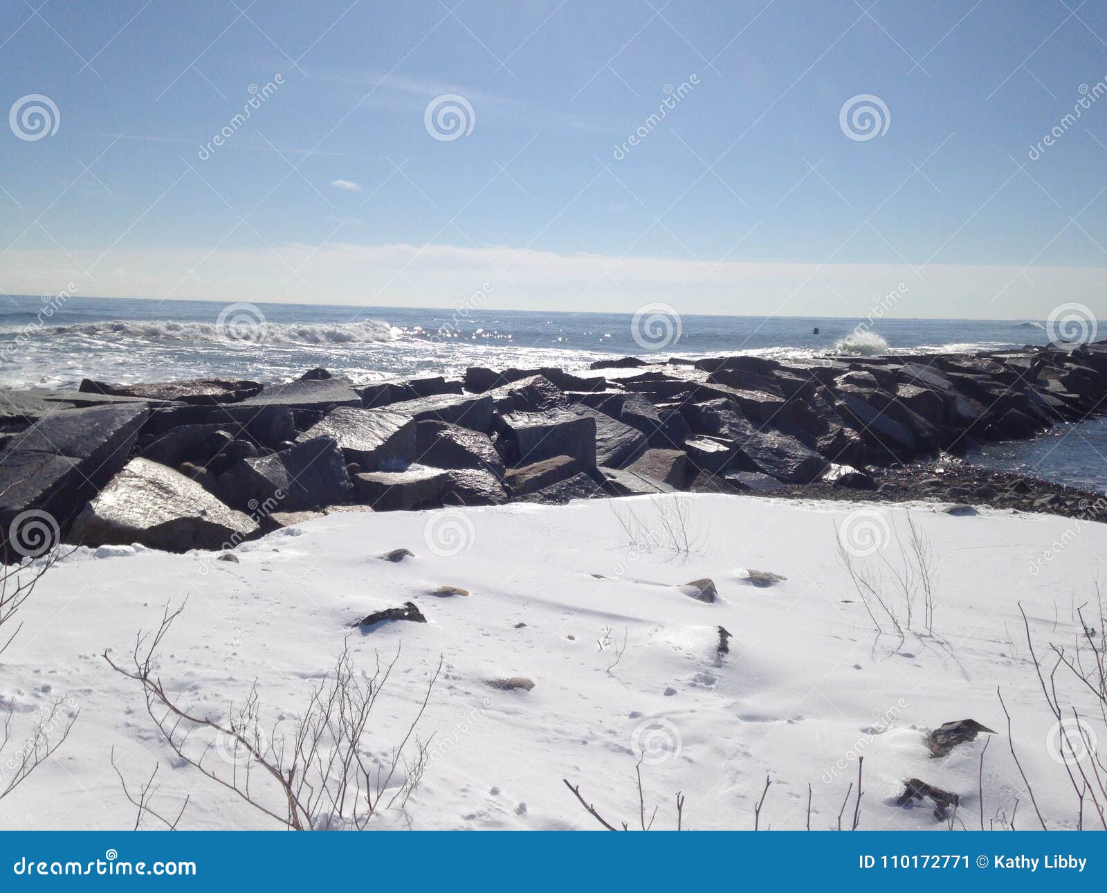 Snow beside the ocean stock image. Image of harbor, grass - 110172771