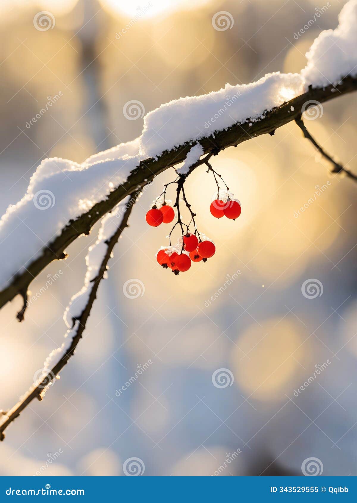 White Snow Covered the Branches and a String of Red Fruits Shone ...