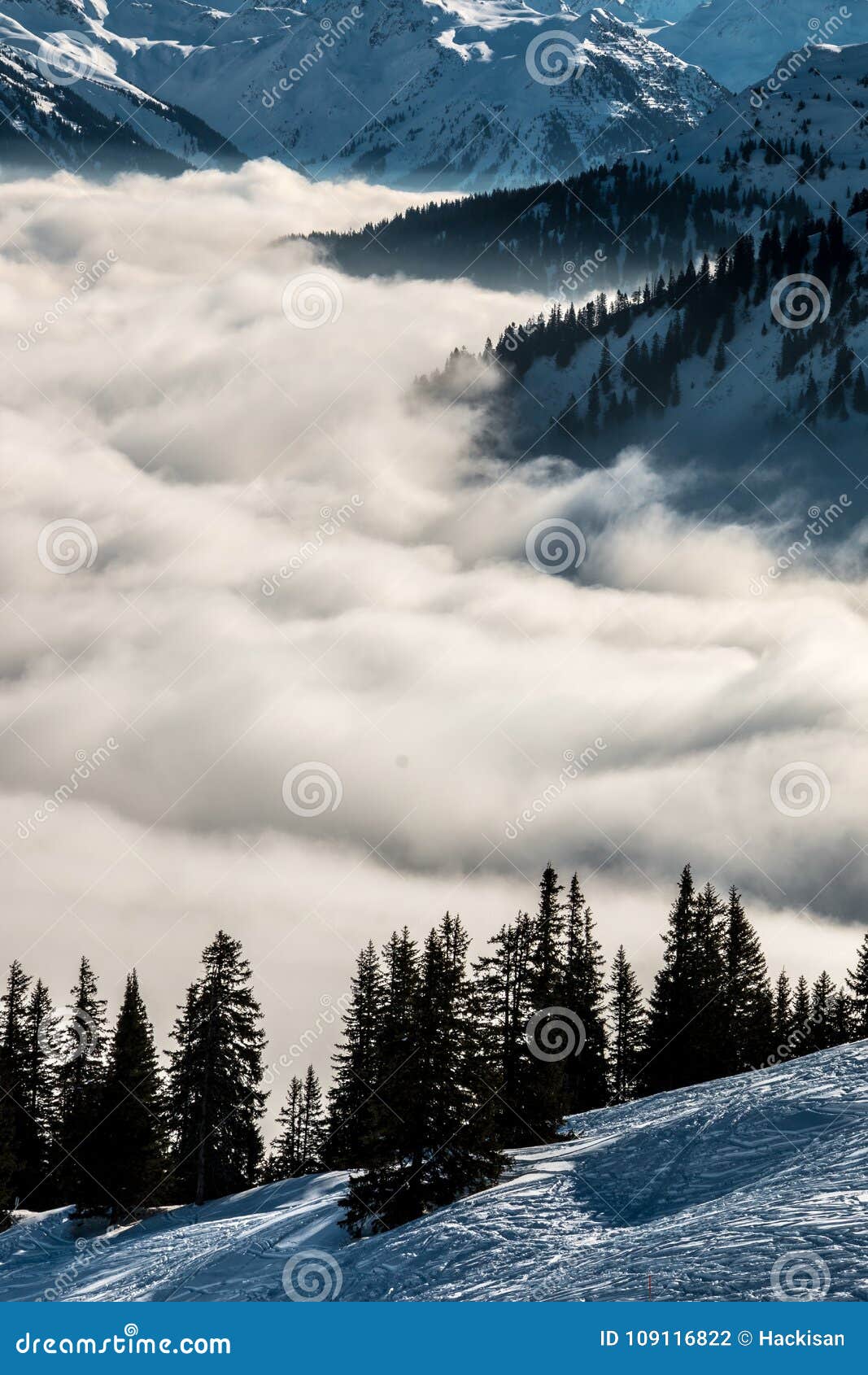Snow on the Top of the Mountains and Fog Down the Valley Stock Photo ...