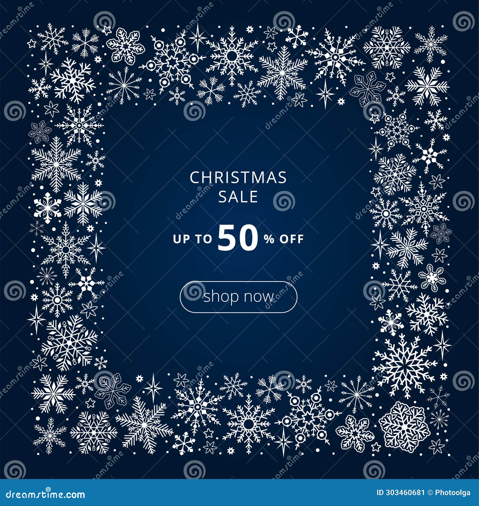White Snowflake Square Frame on Dark Blue Background. Vector Sale ...