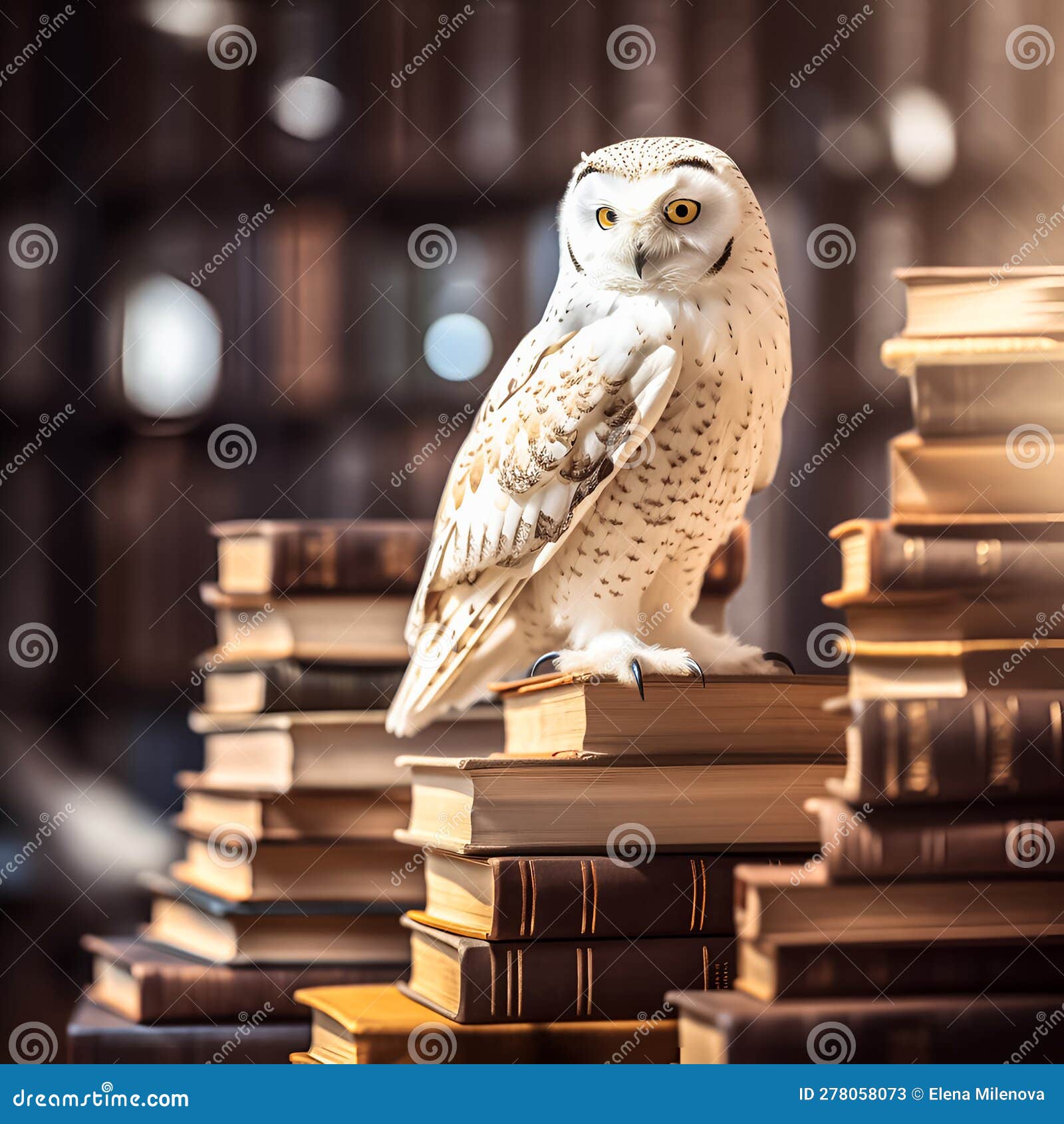White Snowy Owl Sitting on Books in a Library Background. AI Generative ...