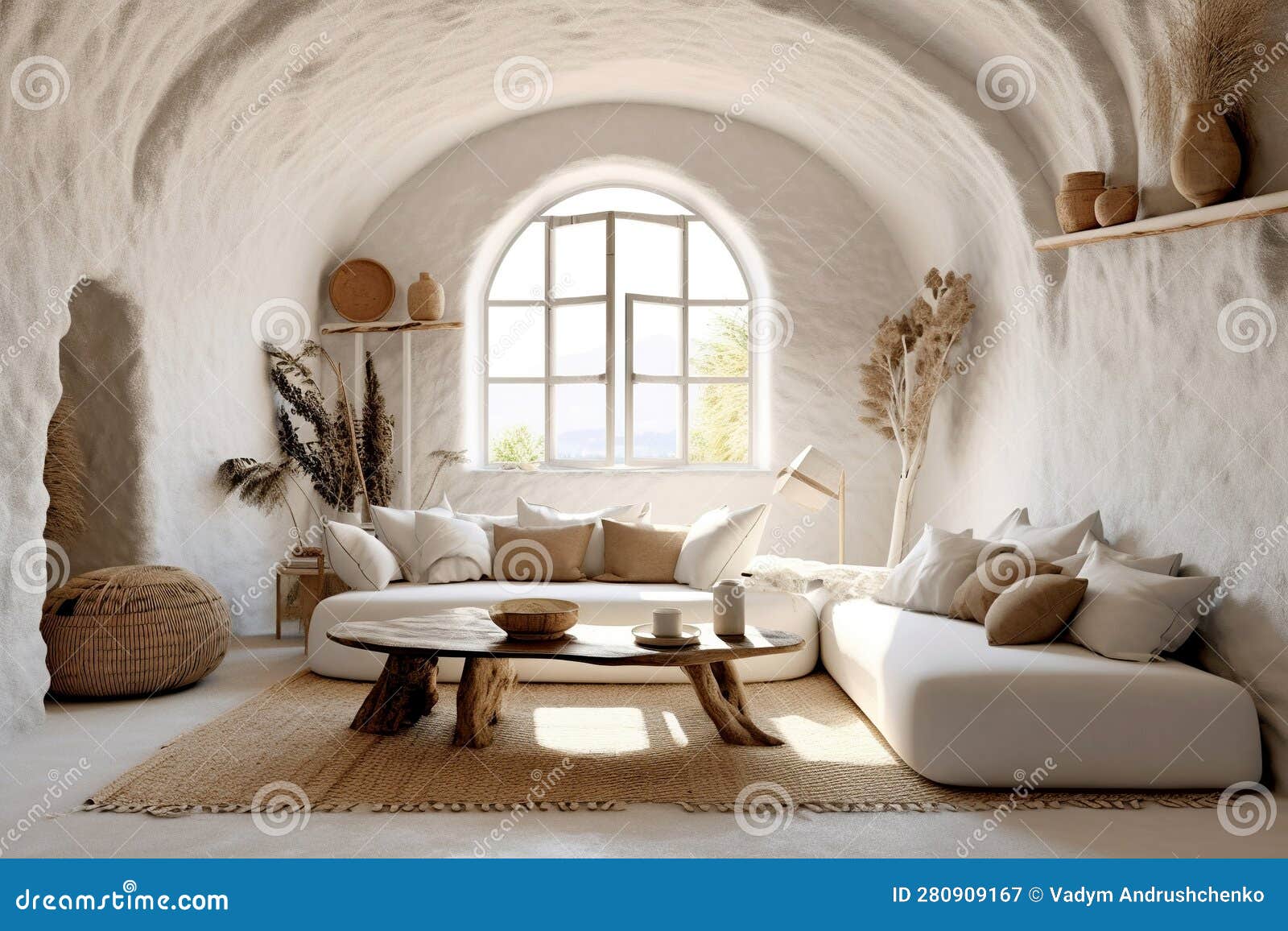 White Sofa in Boho Style Room with Arched Window and Stucco Walls ...