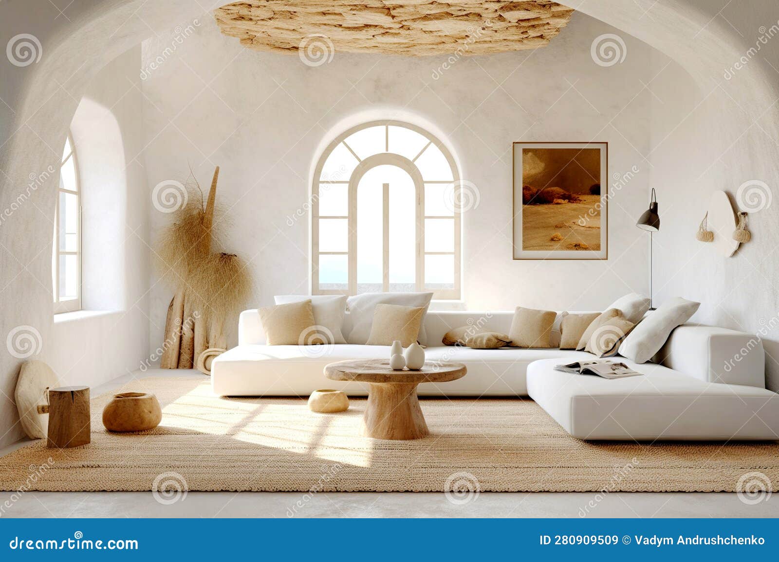 White Sofa in Boho Style Room with Arched Window and Stucco Walls ...