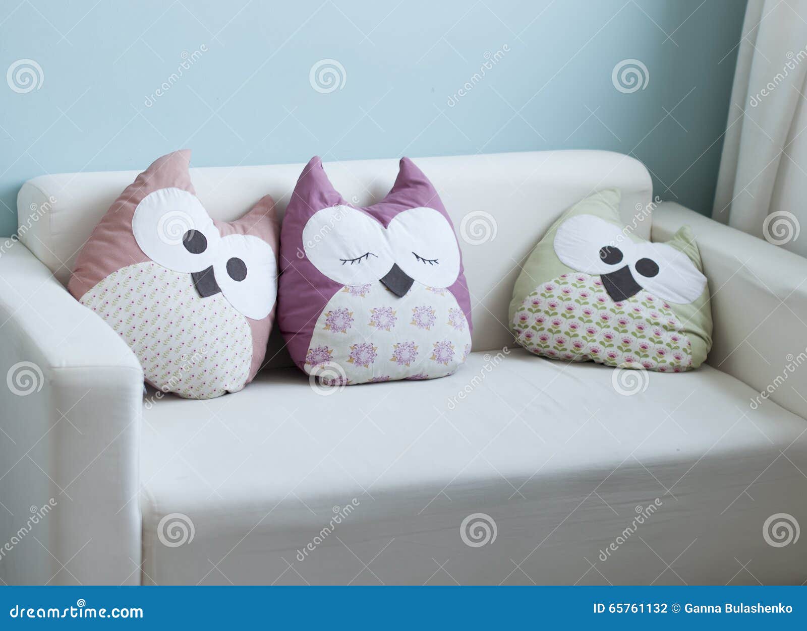 White Sofa with Cute Owl Pillows Stock Photo - Image of heart, love ...