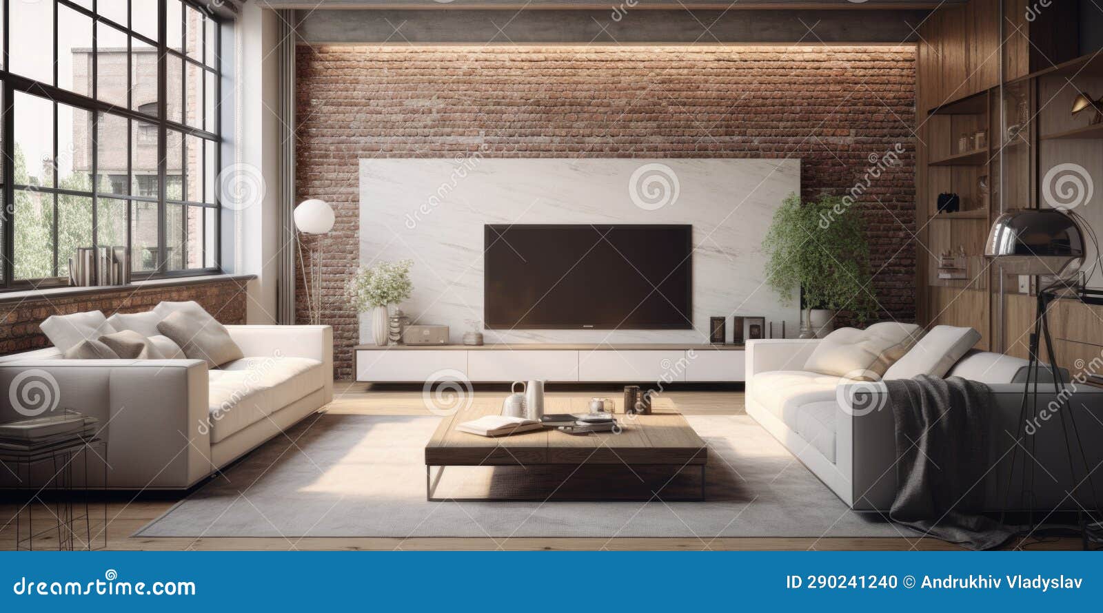 White Sofa and Tv Unit. Interior Design of Loft Living Room Stock ...